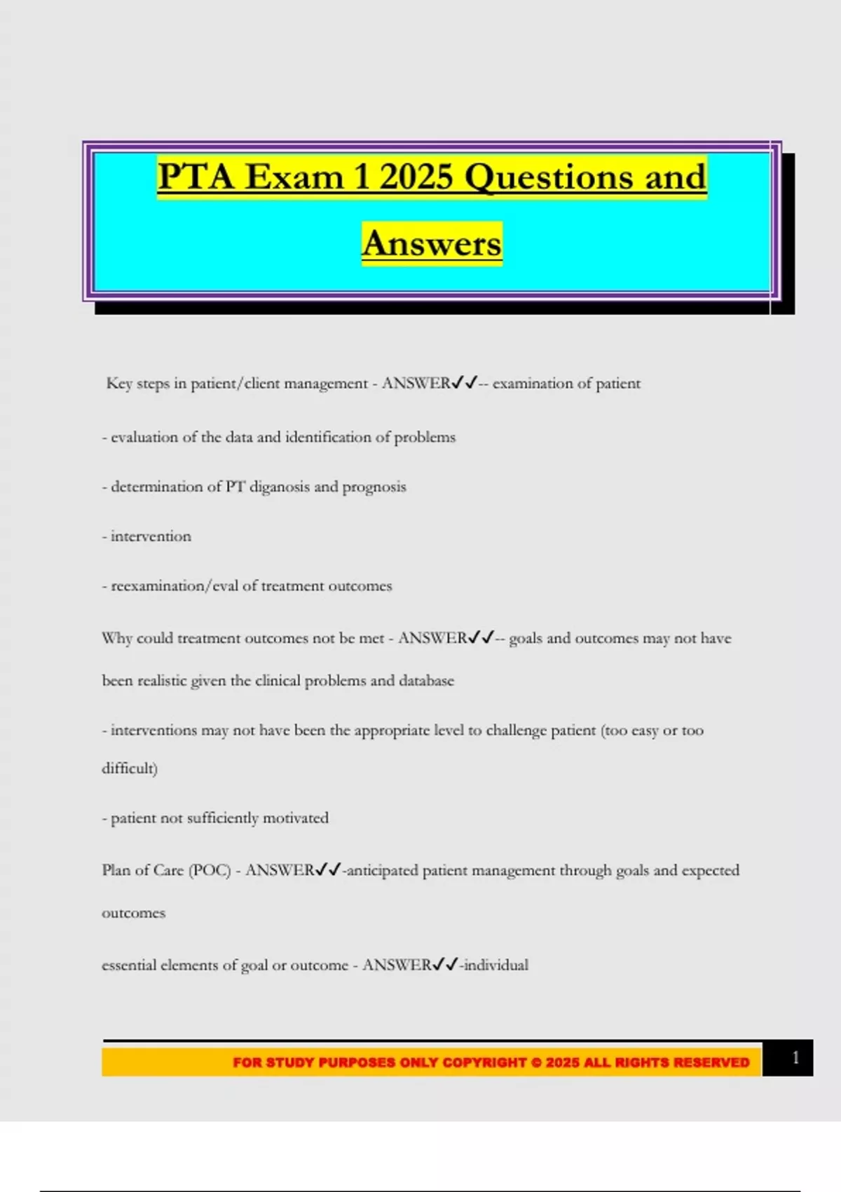 PTA Exam 1 2025 Questions and Answers - PTA - Stuvia US