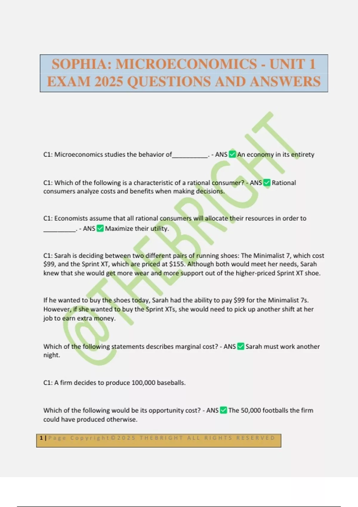 SOPHIA: MICROECONOMICS - UNIT 1 EXAM 2025 QUESTIONS AND ANSWERS ...