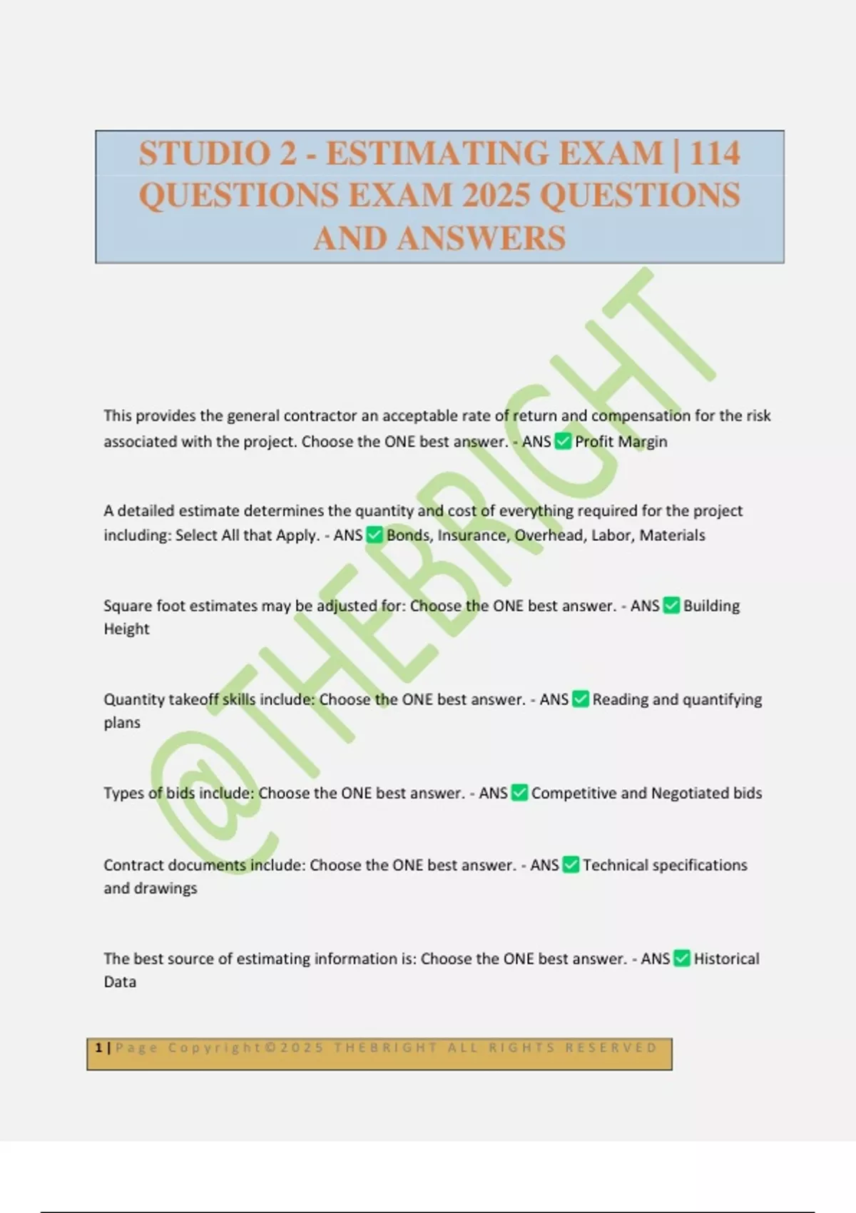 STUDIO 2 - ESTIMATING EXAM | 114 QUESTIONS EXAM 2025 QUESTIONS AND ...
