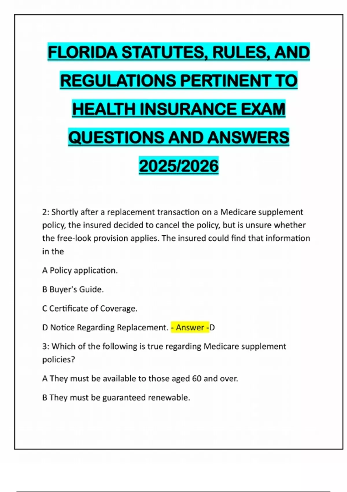 (NOTES) HEALTH INSURANCE FLORIDA STATUTES, RULES, AND REGULATIONS ...