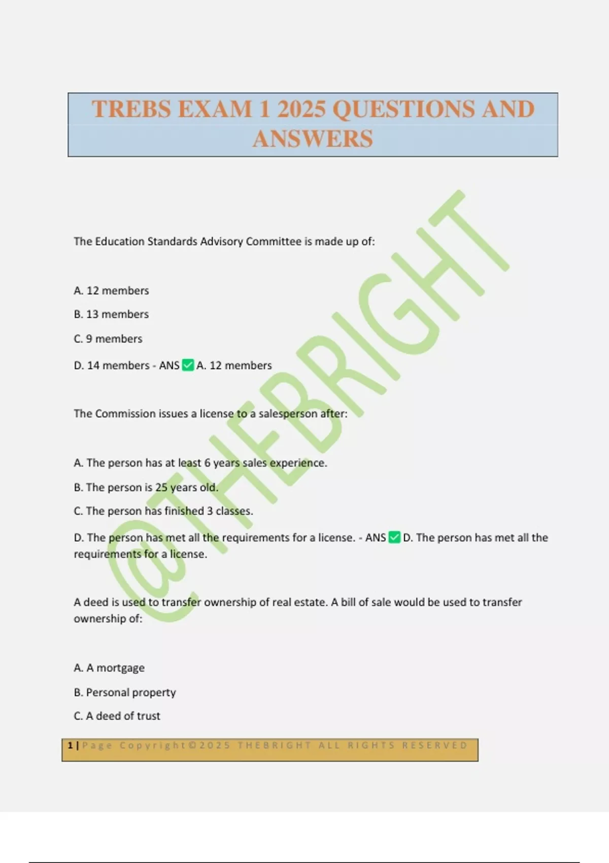 TREBS EXAM 1 2025 QUESTIONS AND ANSWERS - TREBS - Stuvia US
