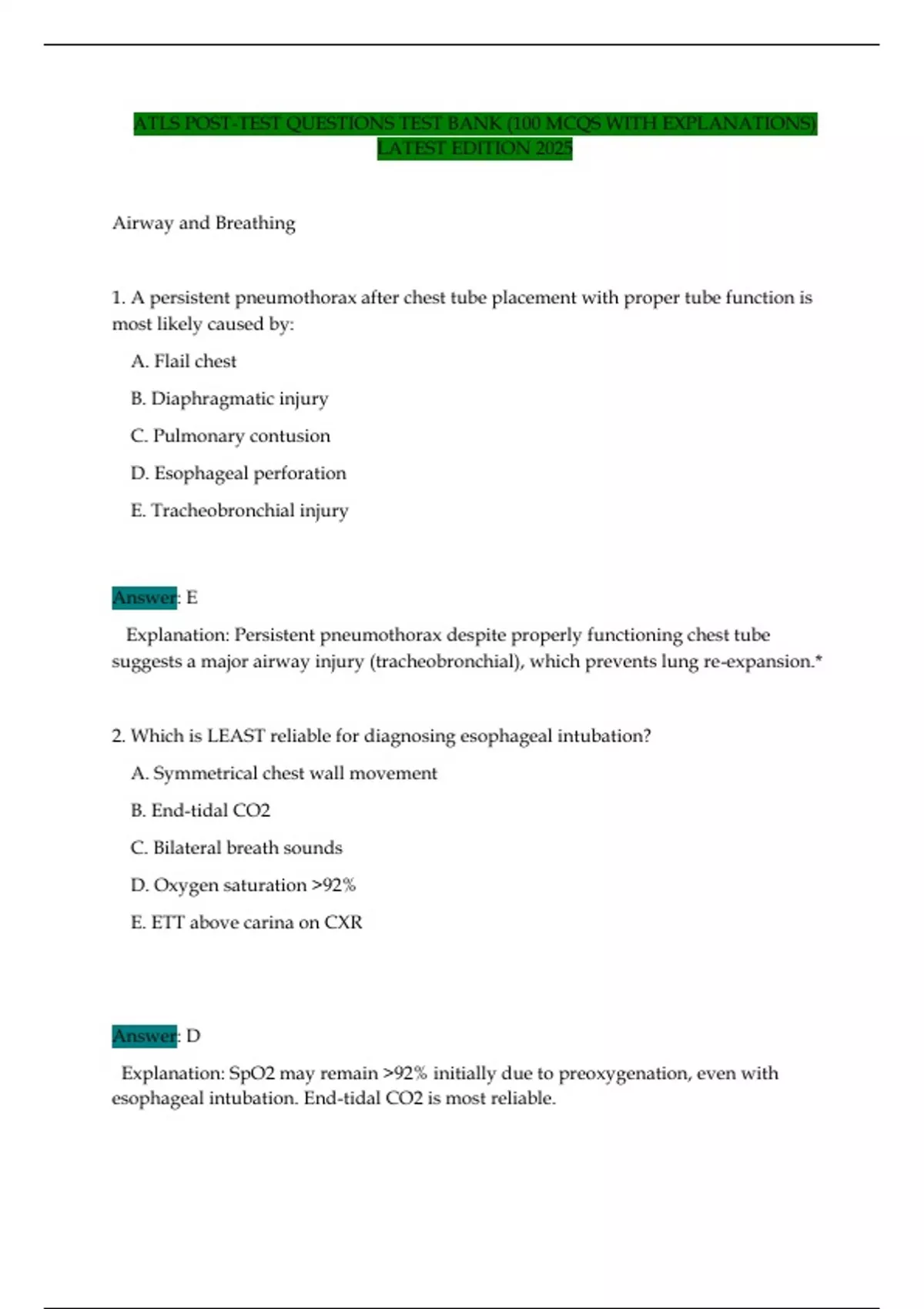 ATLS 2025 Post Test Exam Test Bank(EMER 505 ): Advanced Trauma Life ...