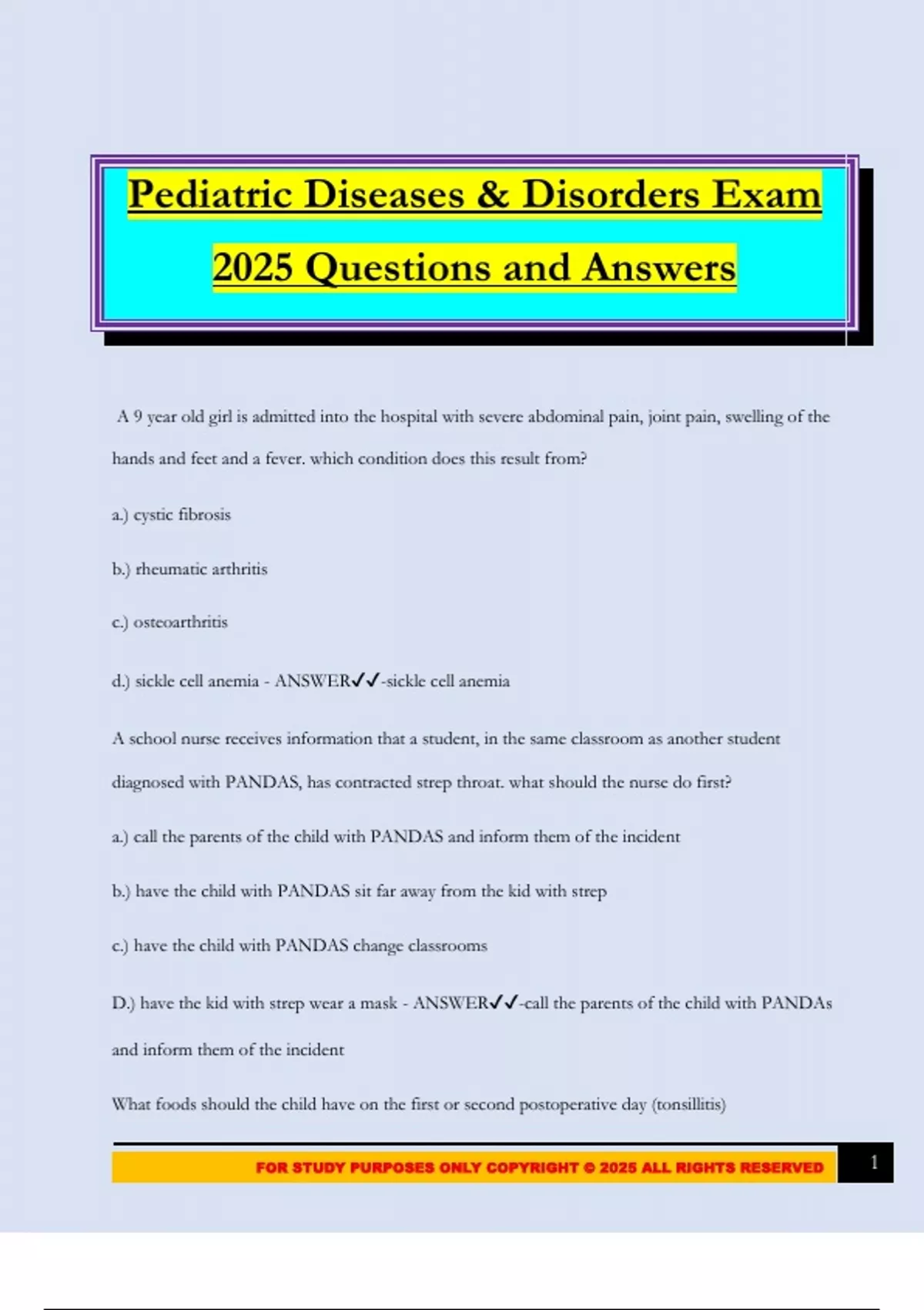Pediatric Diseases & Disorders Exam 2025 Questions and Answers ...
