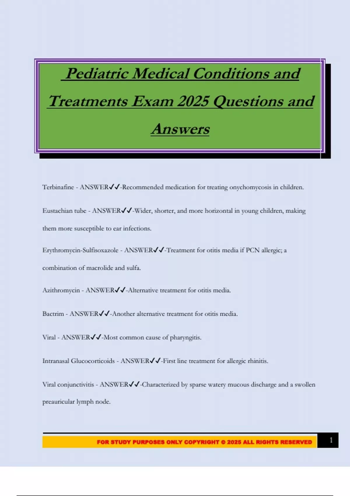 Pediatric Medical Conditions and Treatments Exam 2025 Questions and ...