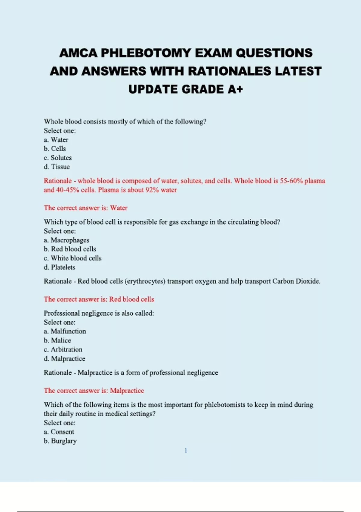 AMCA PHLEBOTOMY EXAM QUESTIONS AND ANSWERS WITH RATIONALES LATEST ...