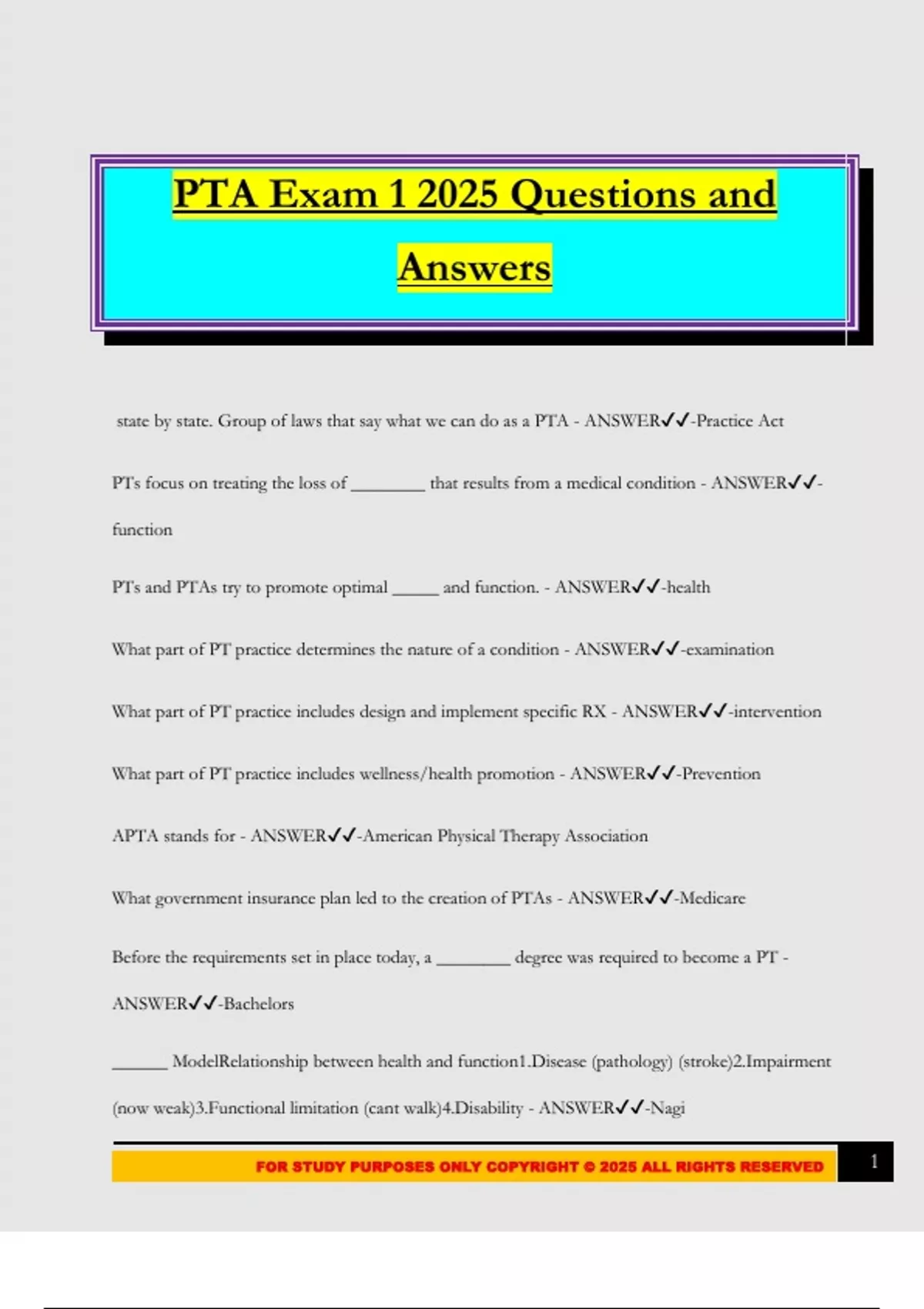 PTA Exam 1 2025 Questions and Answers - PTA - Stuvia US