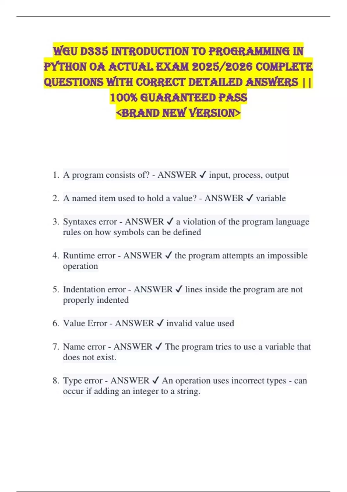 WGU D335 Introduction to Programming in Python OA ACTUAL EXAM 2025/2026 COMPLETE QUESTIONS WITH ...