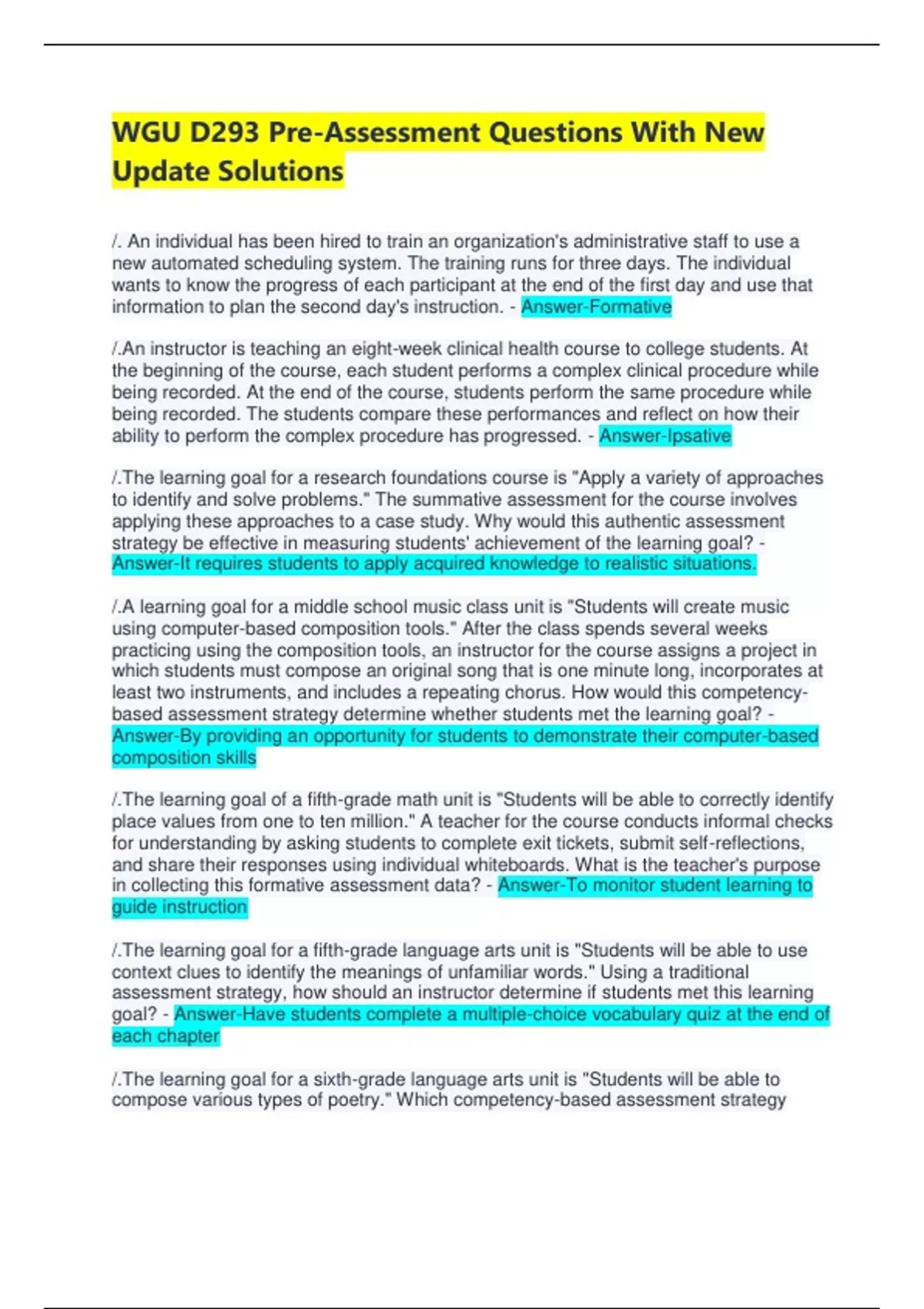 WGU D293 Pre-Assessment Questions With New Update Solutions - WGU D293 - Stuvia US