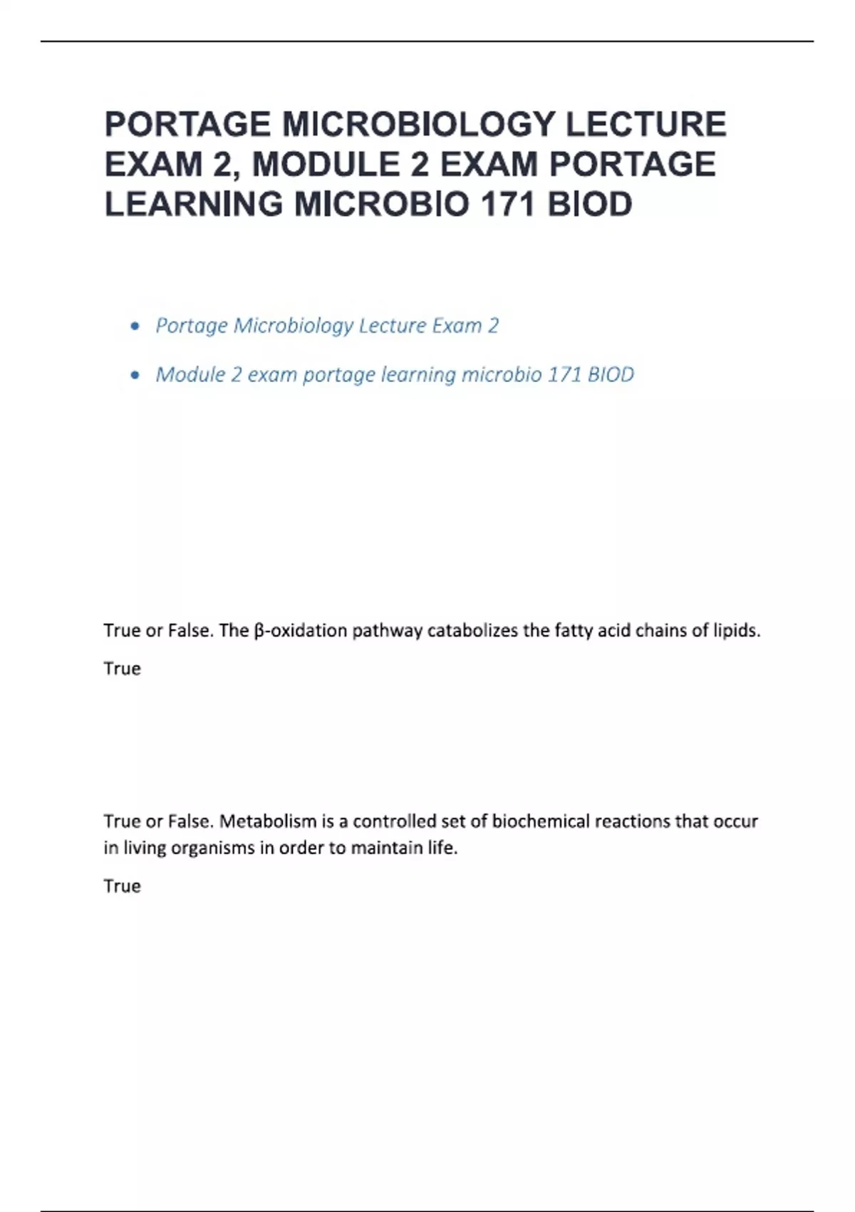 PORTAGE MICROBIOLOGY LECTURE EXAM 2, MODULE 2 EXAM PORTAGE LEARNING MICROBIO 171 BIOD. [NEW 2025 ...