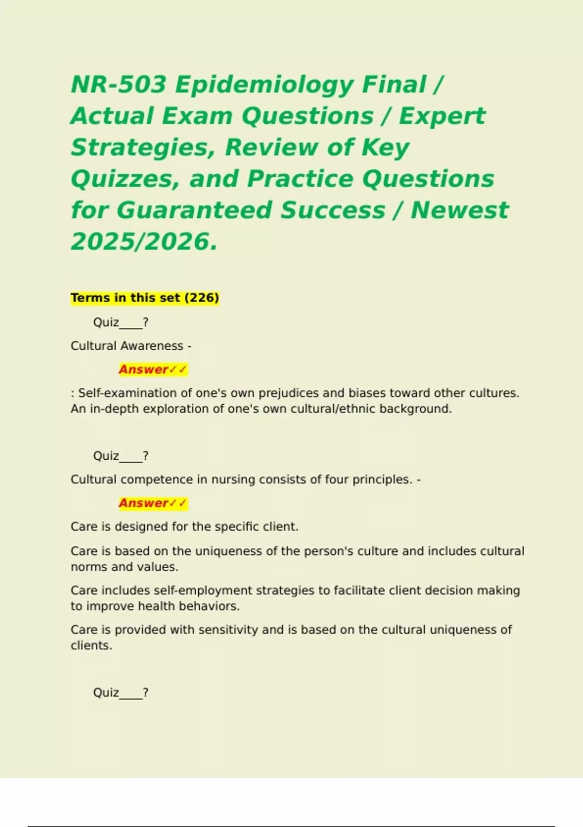 NR-503 Epidemiology Final / Actual Exam Questions / Expert Strategies, Review of Key Quizzes ...
