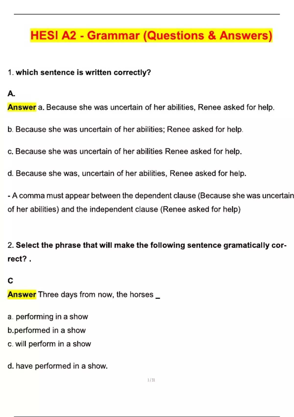 HESI A2 - Grammar (Latest 2025 / 2026 Update) Questions and Verified ...