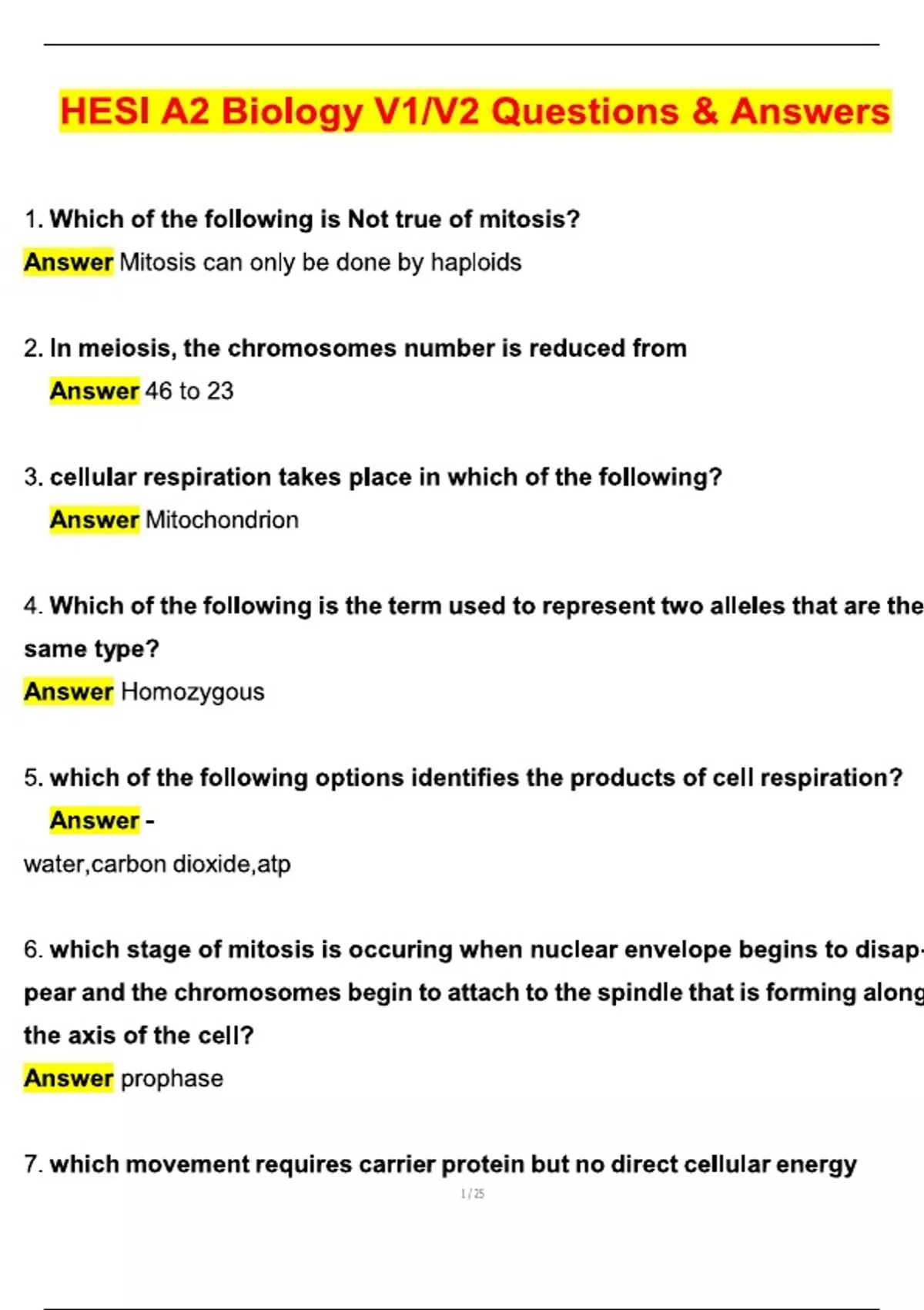 HESI A2 Biology V1 & V2 Exam (Latest 2025 / 2026 Update) Questions and ...