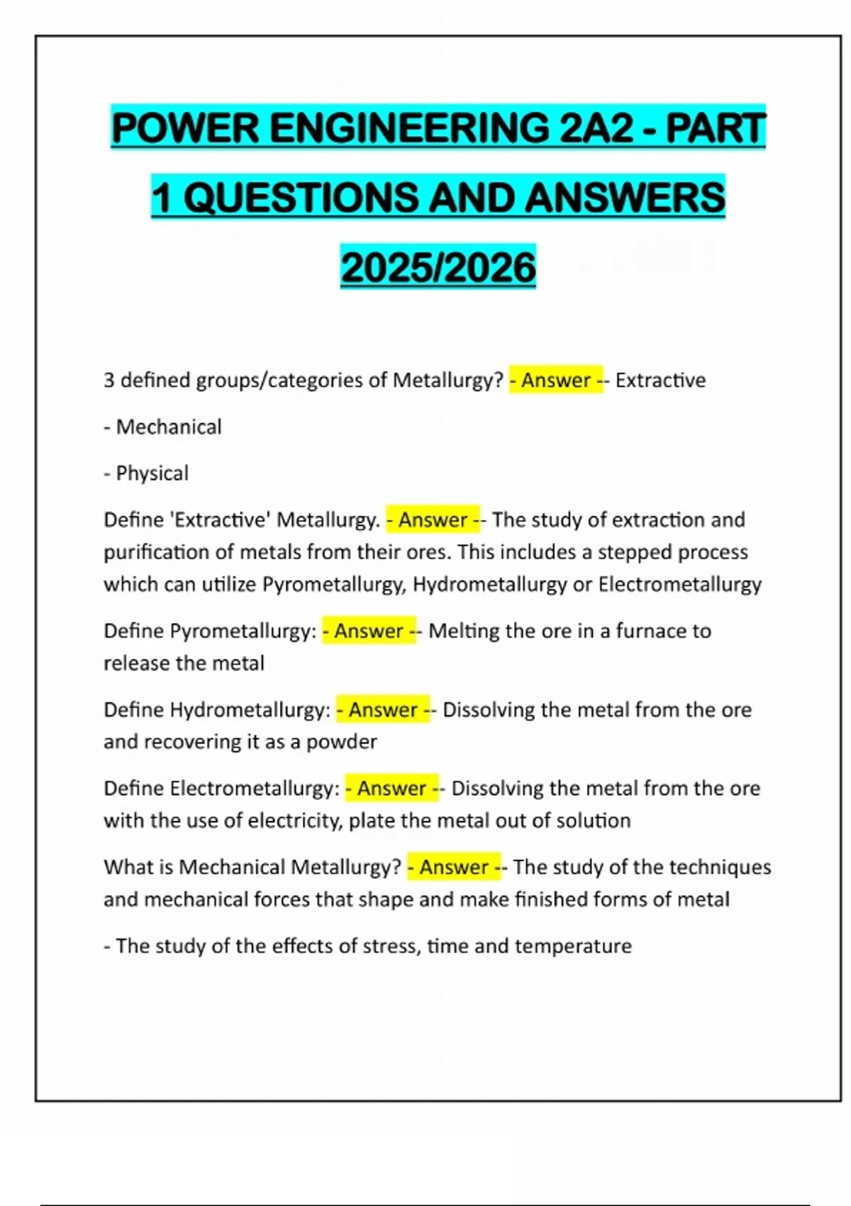 POWER ENGINEERING 2A2 - PART 1 QUESTIONS AND ANSWERS 2025/2026 - Power engineer - Stuvia US