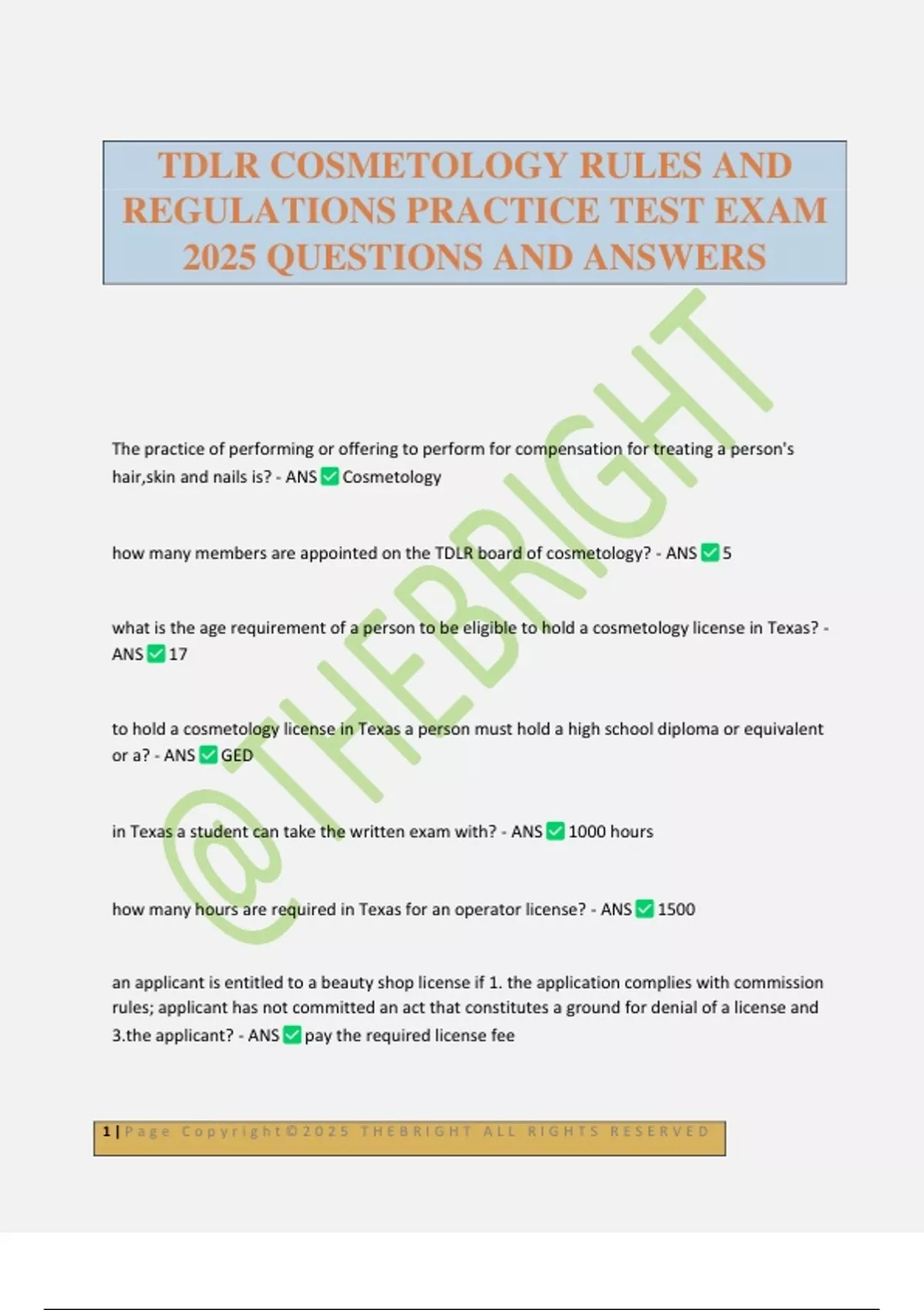 TDLR COSMETOLOGY RULES AND REGULATIONS PRACTICE TEST EXAM 2025 ...