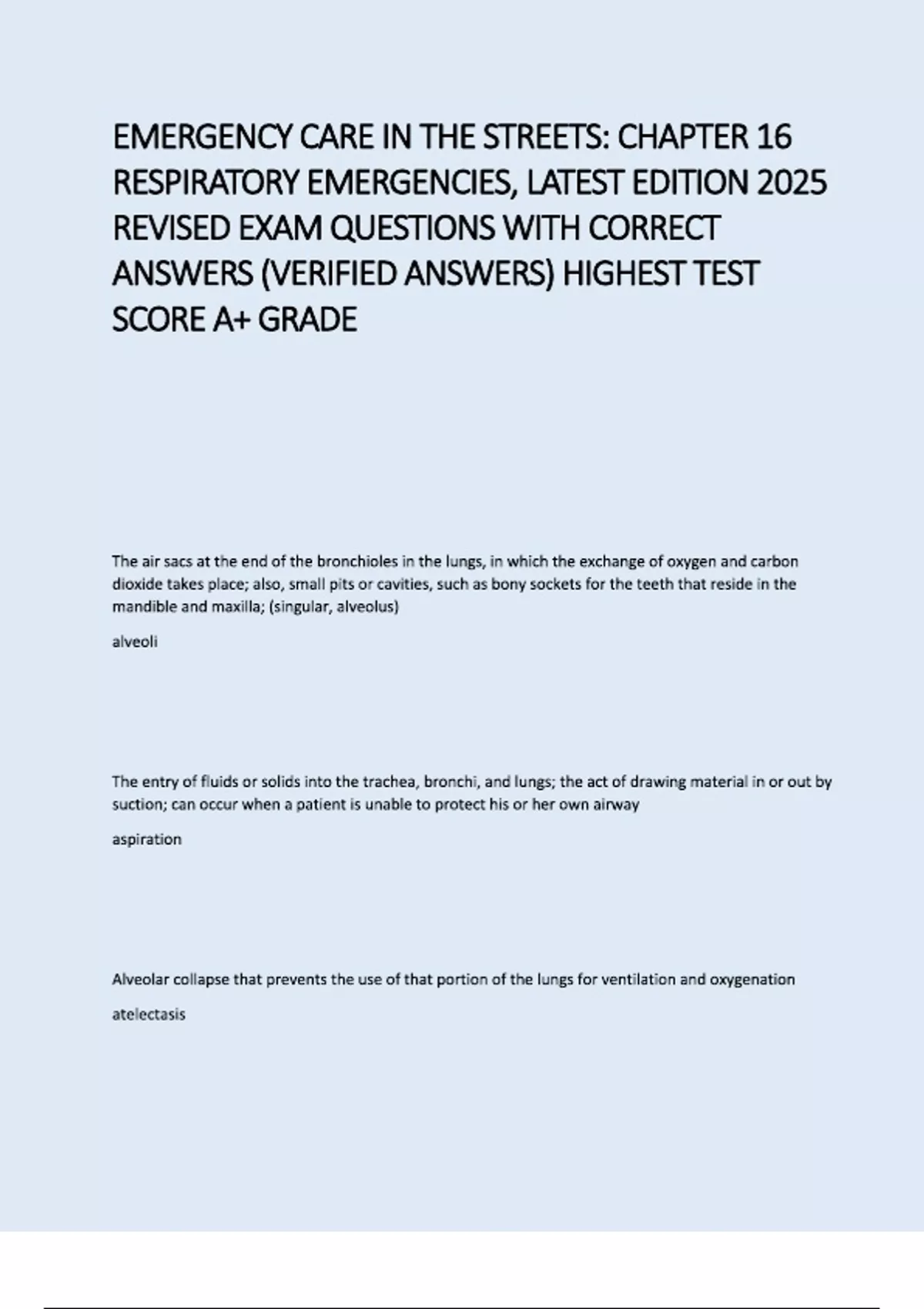 EMERGENCY CARE IN THE STREETS CHAPTER 16 RESPIRATORY EMERGENCIES 2025 ALL COMPREHENSIVE ...