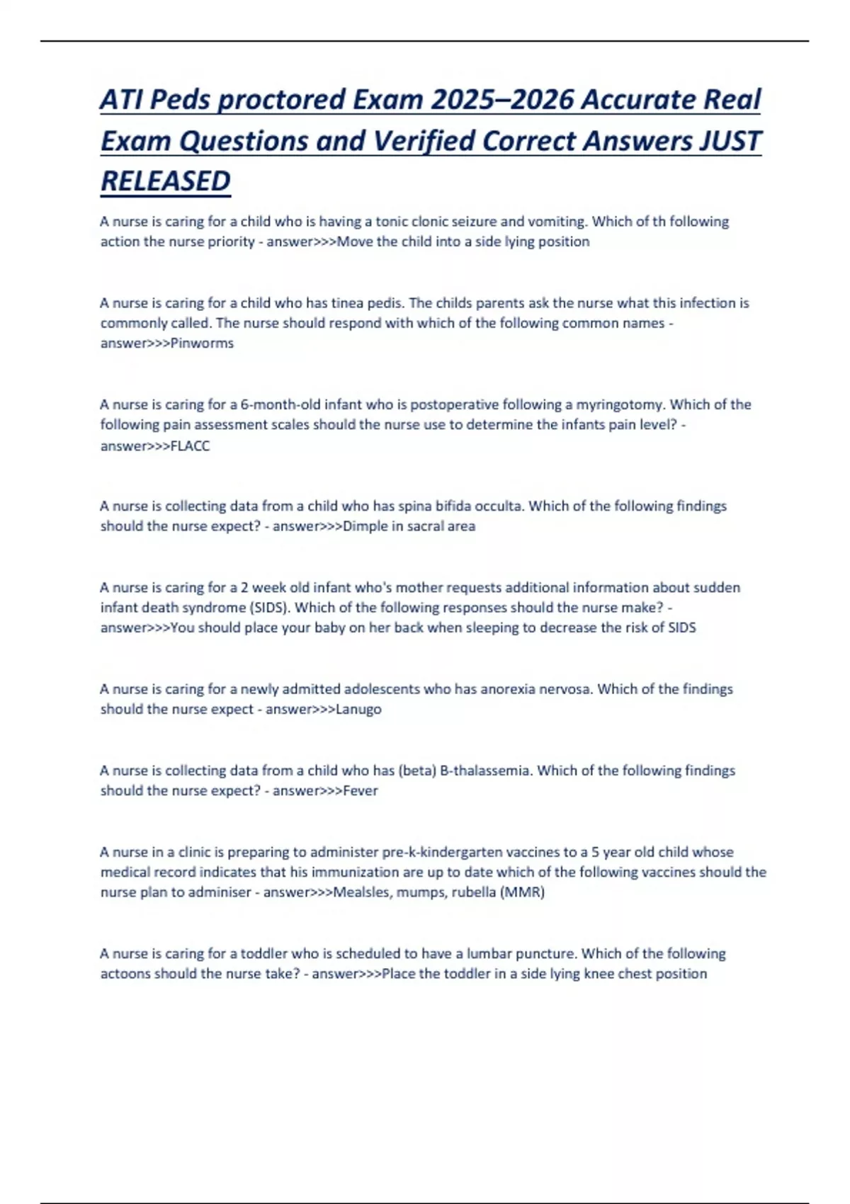 ATI Peds Proctored Exam 2025–2026 – Pediatric Nursing Certification ...