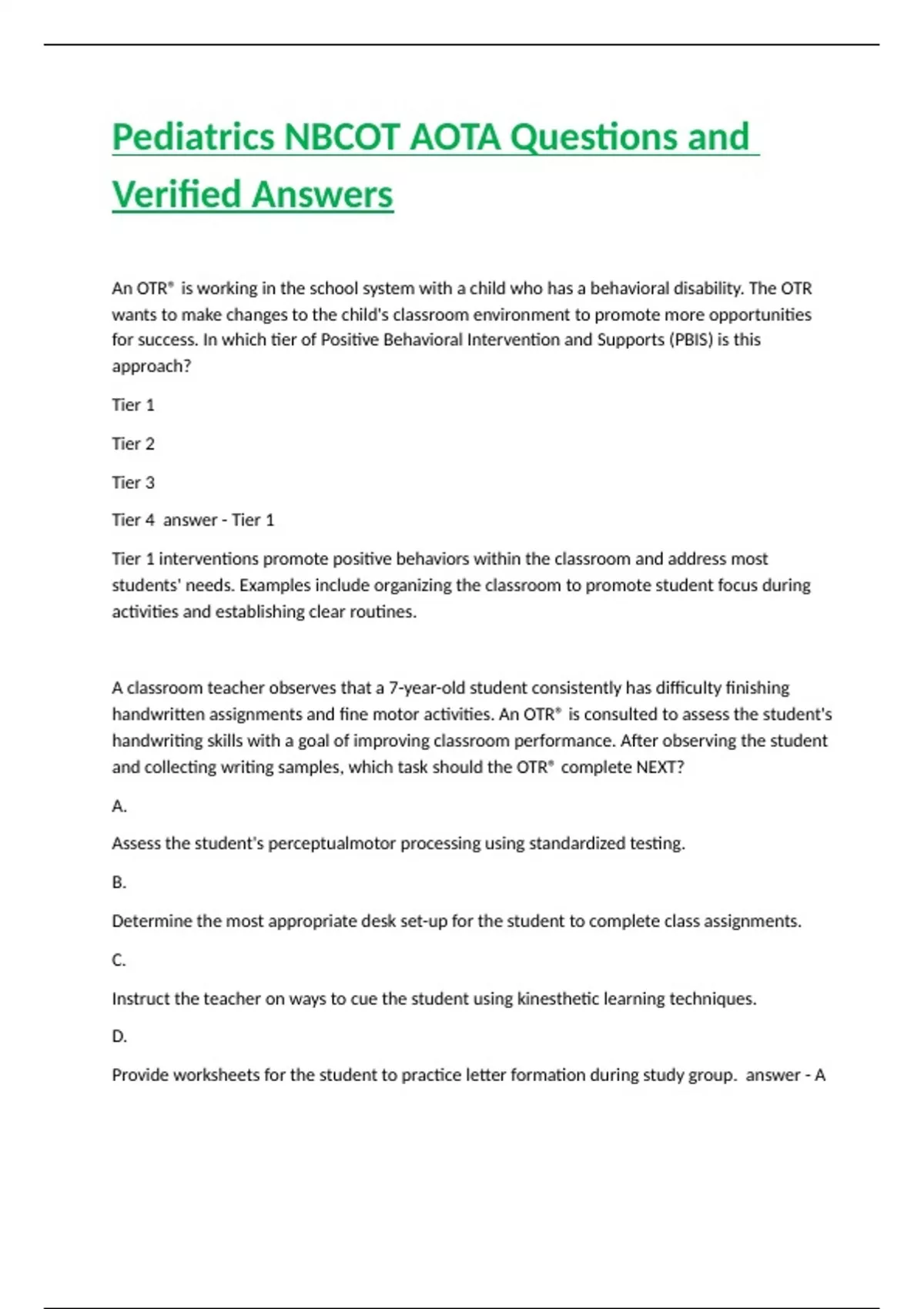 Pediatrics NBCOT AOTA Questions and Verified Answers - Nursing Pediatrics - Stuvia US