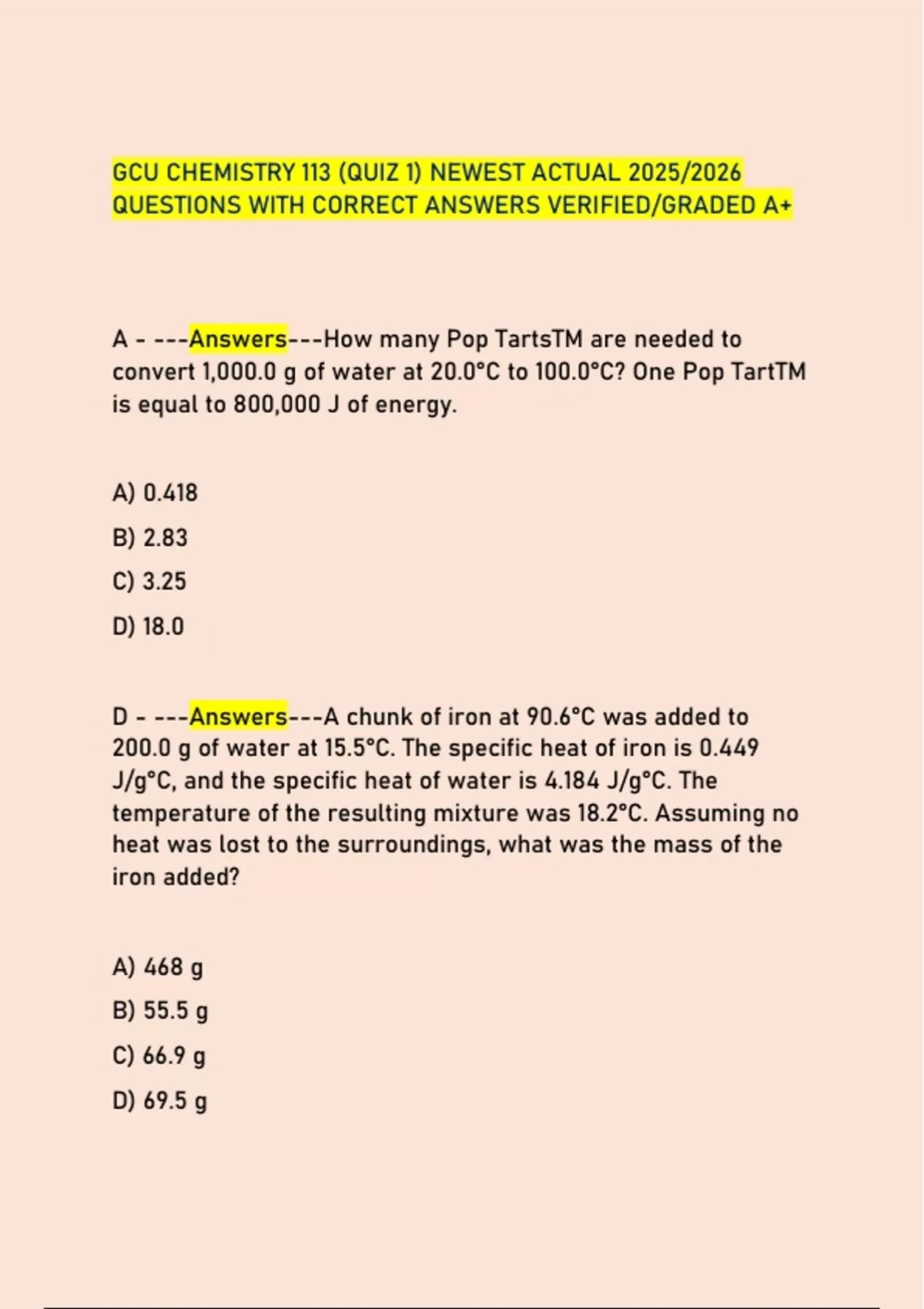 GCU CHEMISTRY 113 (QUIZ 1) NEWEST ACTUAL 2025/2026 QUESTIONS WITH ...