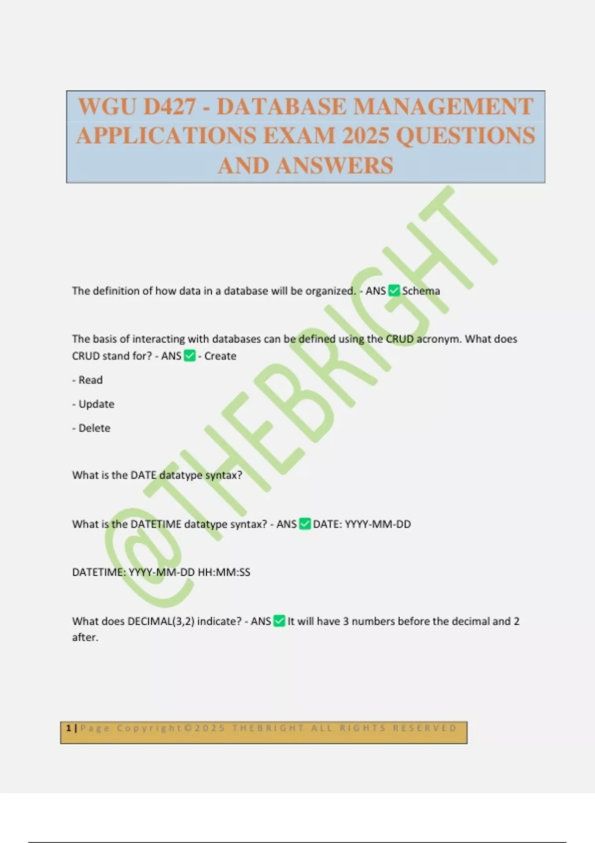 WGU D427 - DATABASE MANAGEMENT APPLICATIONS EXAM 2025 QUESTIONS AND ...