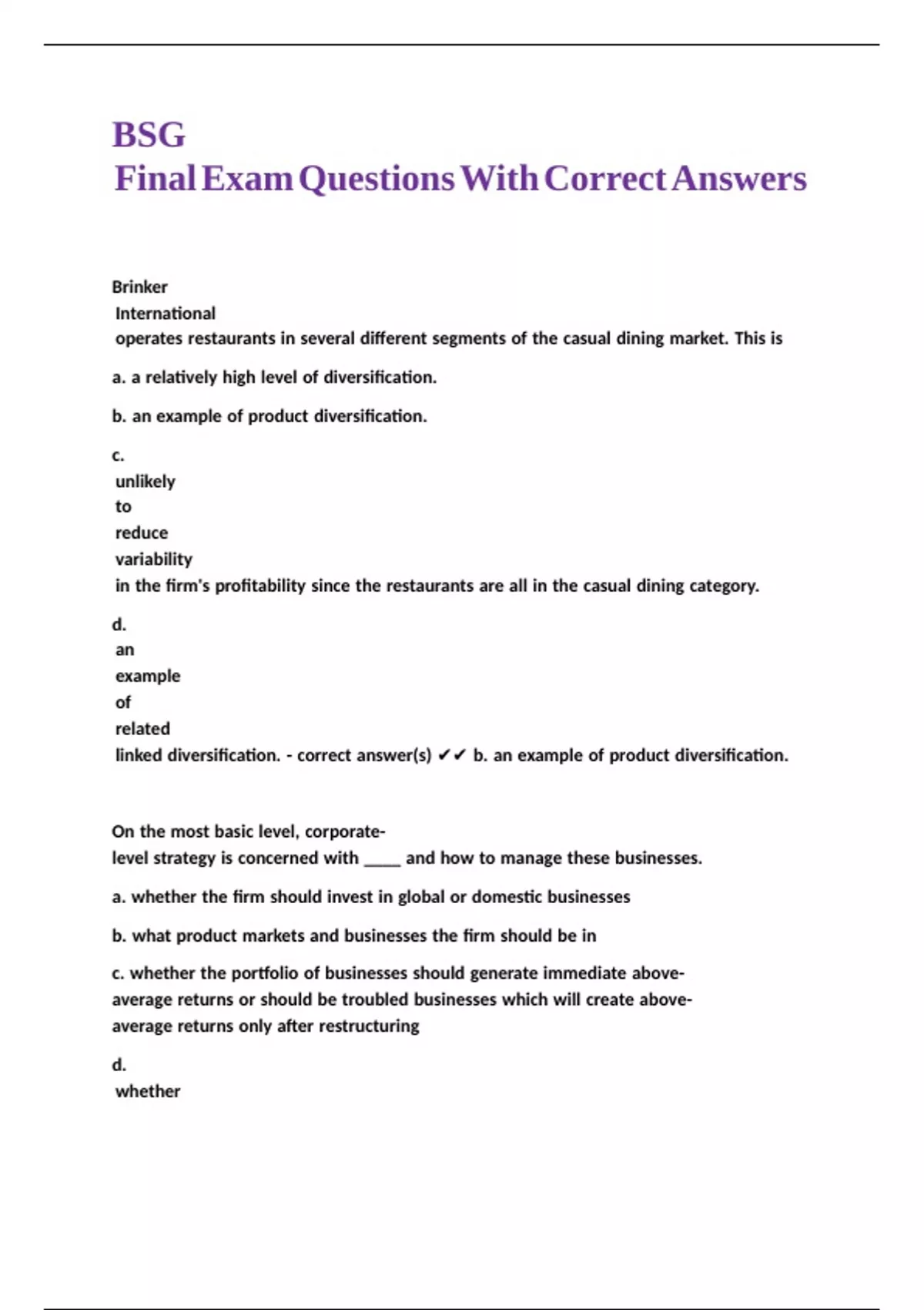 BSG Final Exam Questions With Correct Answers - BSG - Stuvia US
