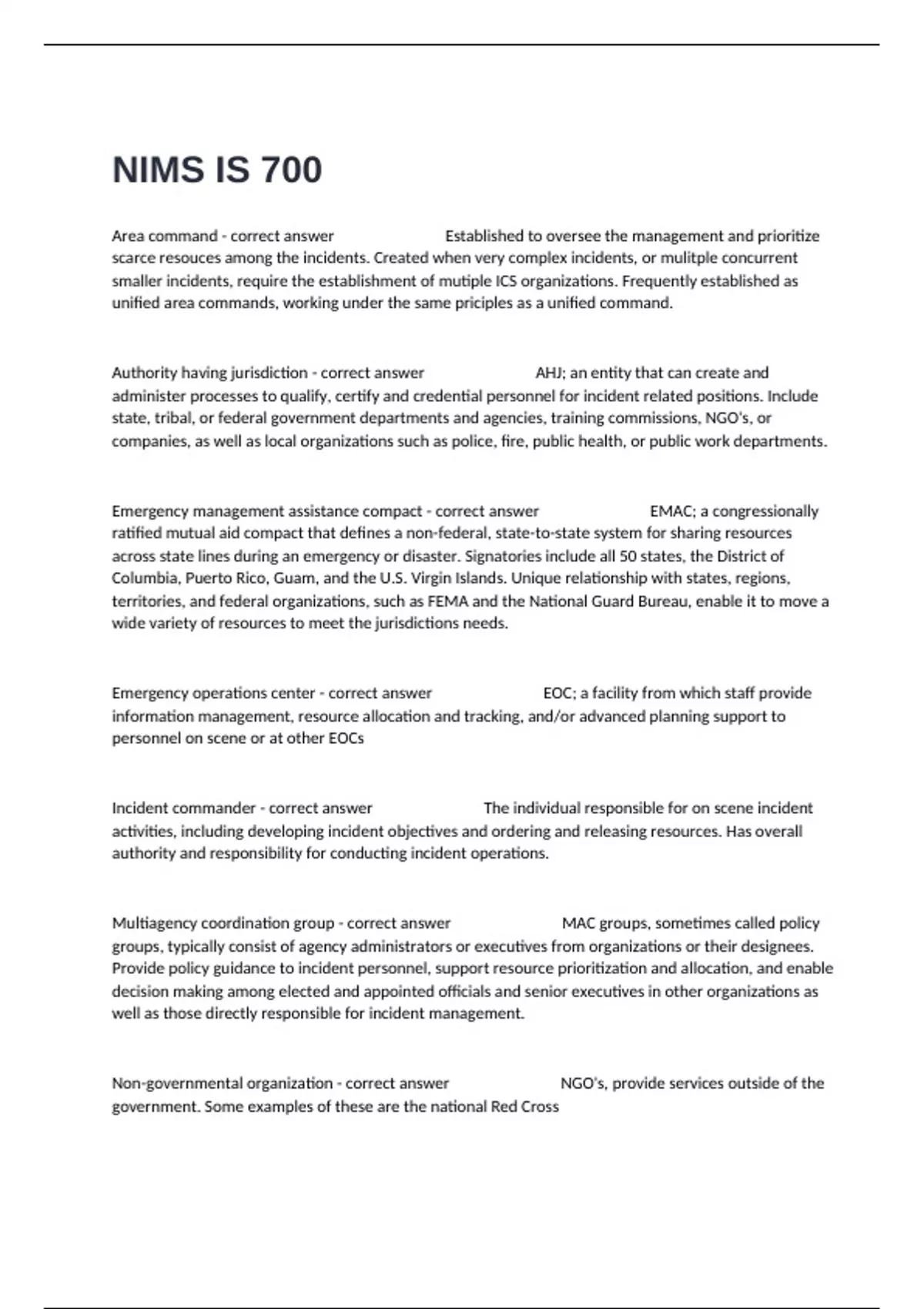 NIMS IS 700 Certification Review Exam Study Questions With Multiple ...