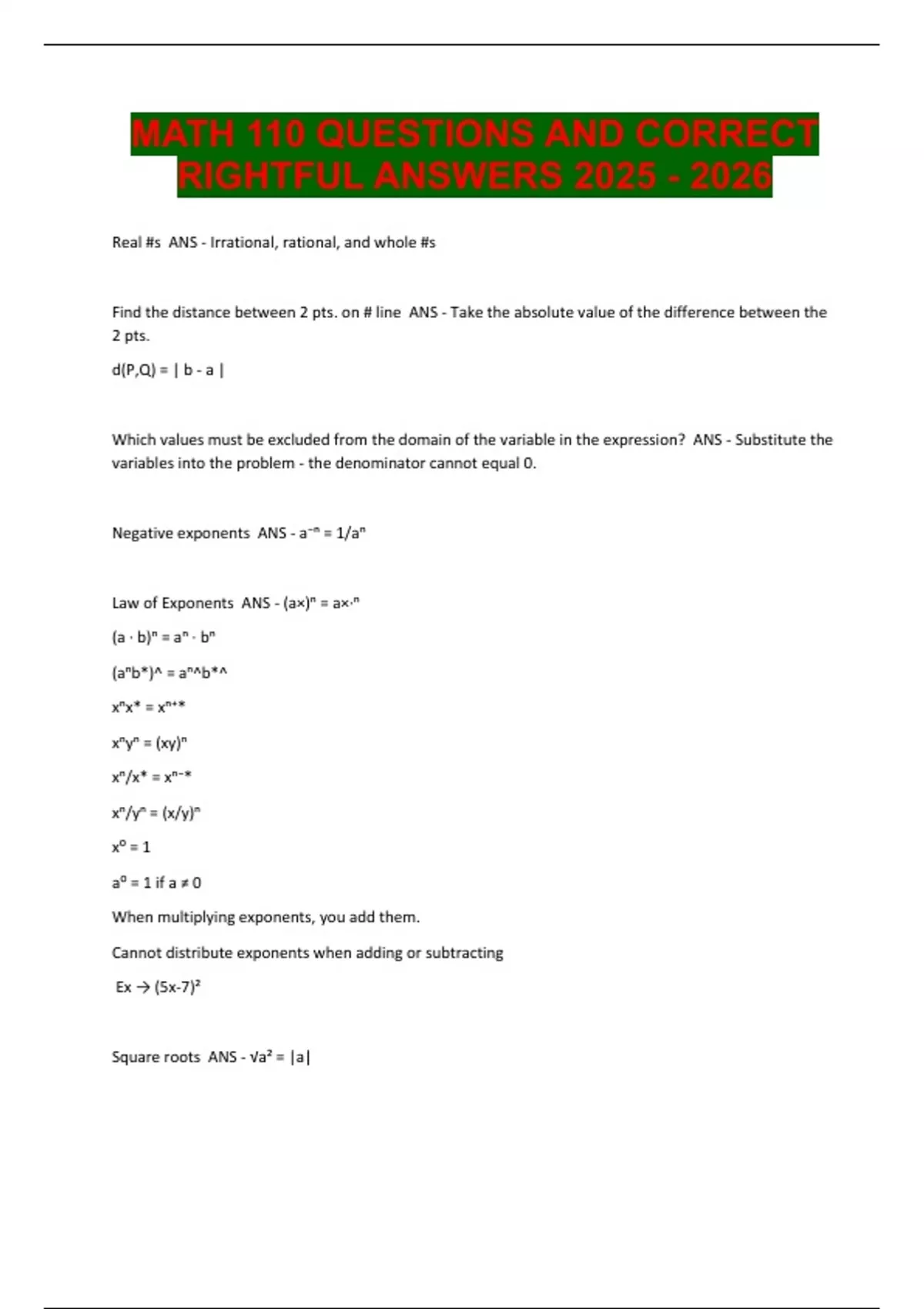 MATH 110 All Exams 2025 STATISTICS (LATEST NEWEST UPDATE ) 2025 ...