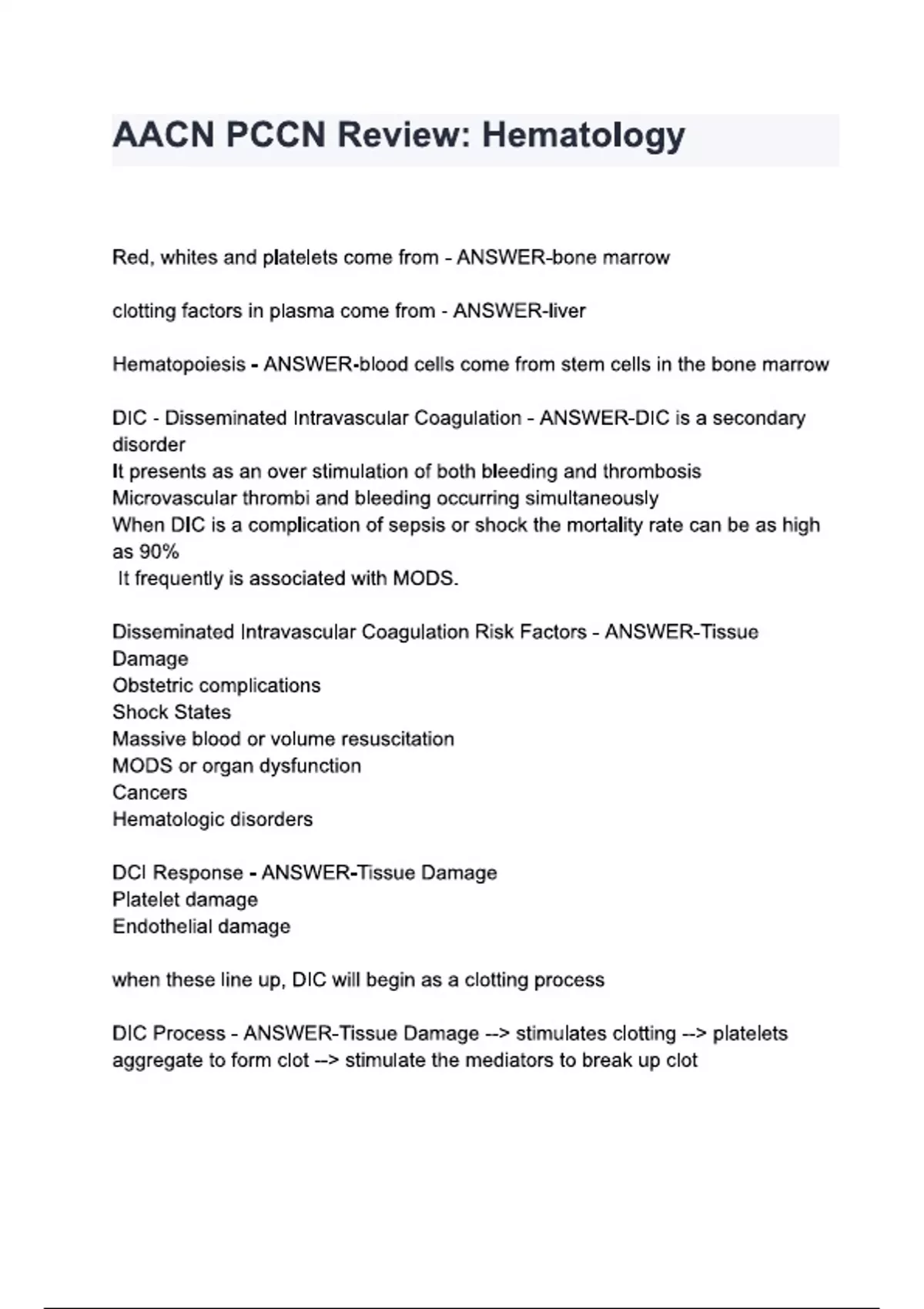 AACN PCCN Review Hematology 2025 Questions with Correct Answers: 100% ...