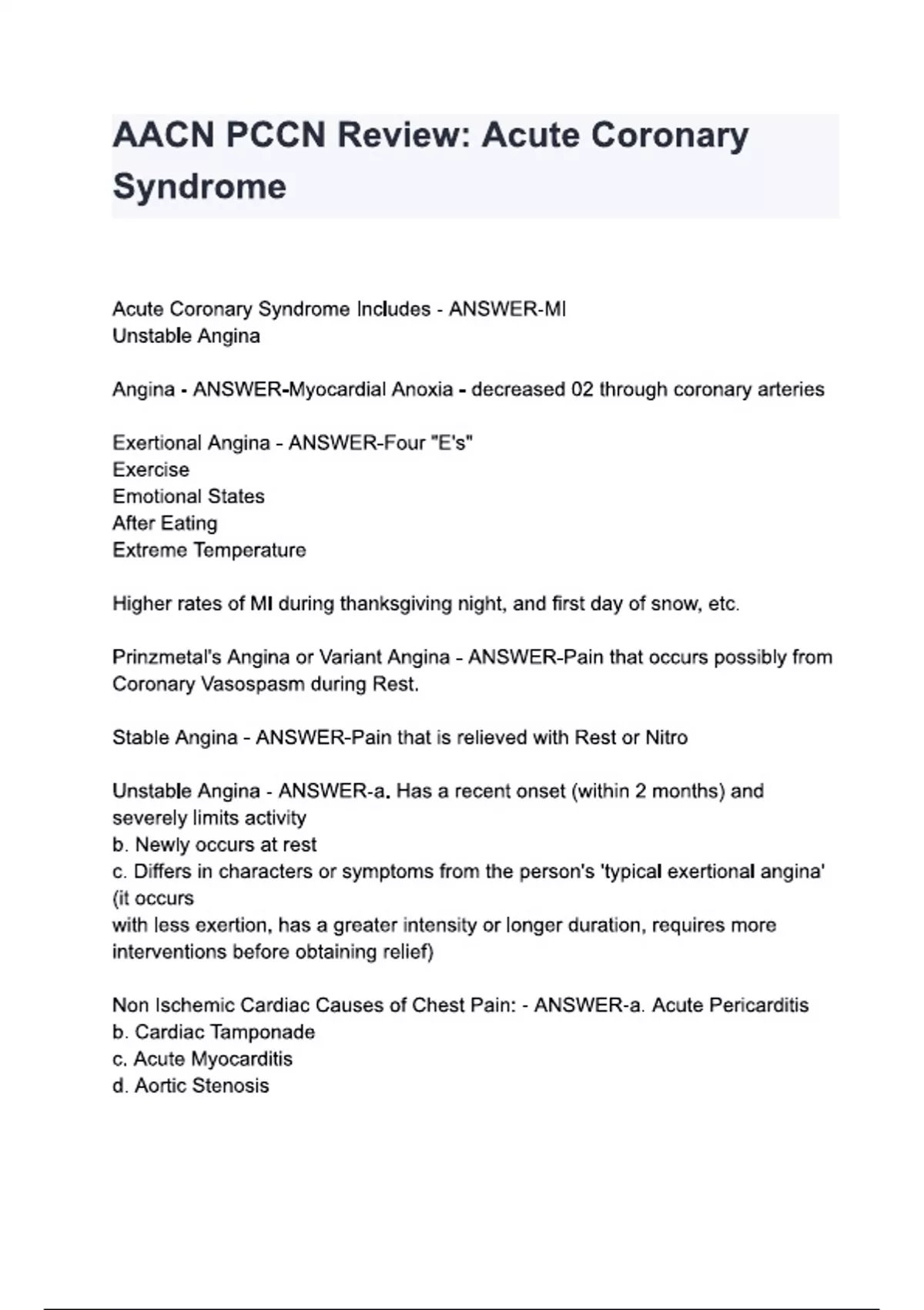 AACN PCCN Review Acute Coronary Syndrome 2025 Questions with Correct ...