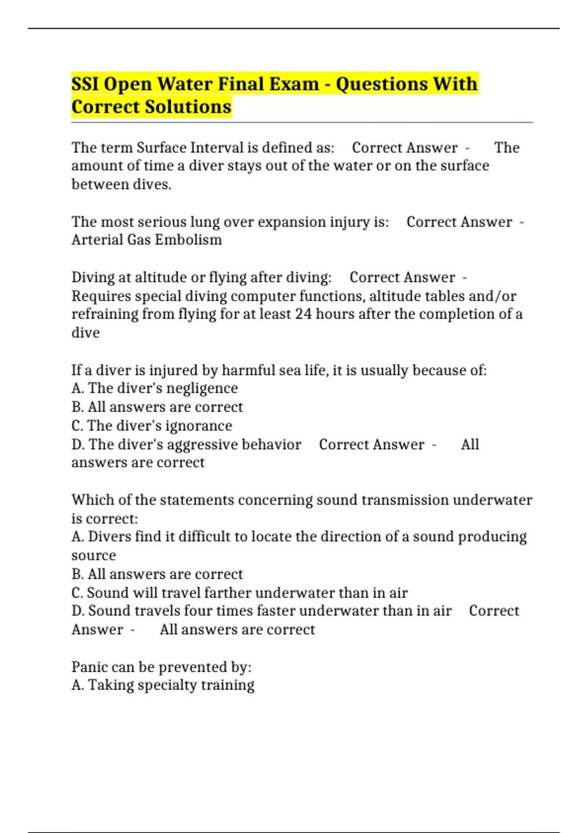SSI Open Water Final Exam - Questions With Correct Solutions - SSI Open ...