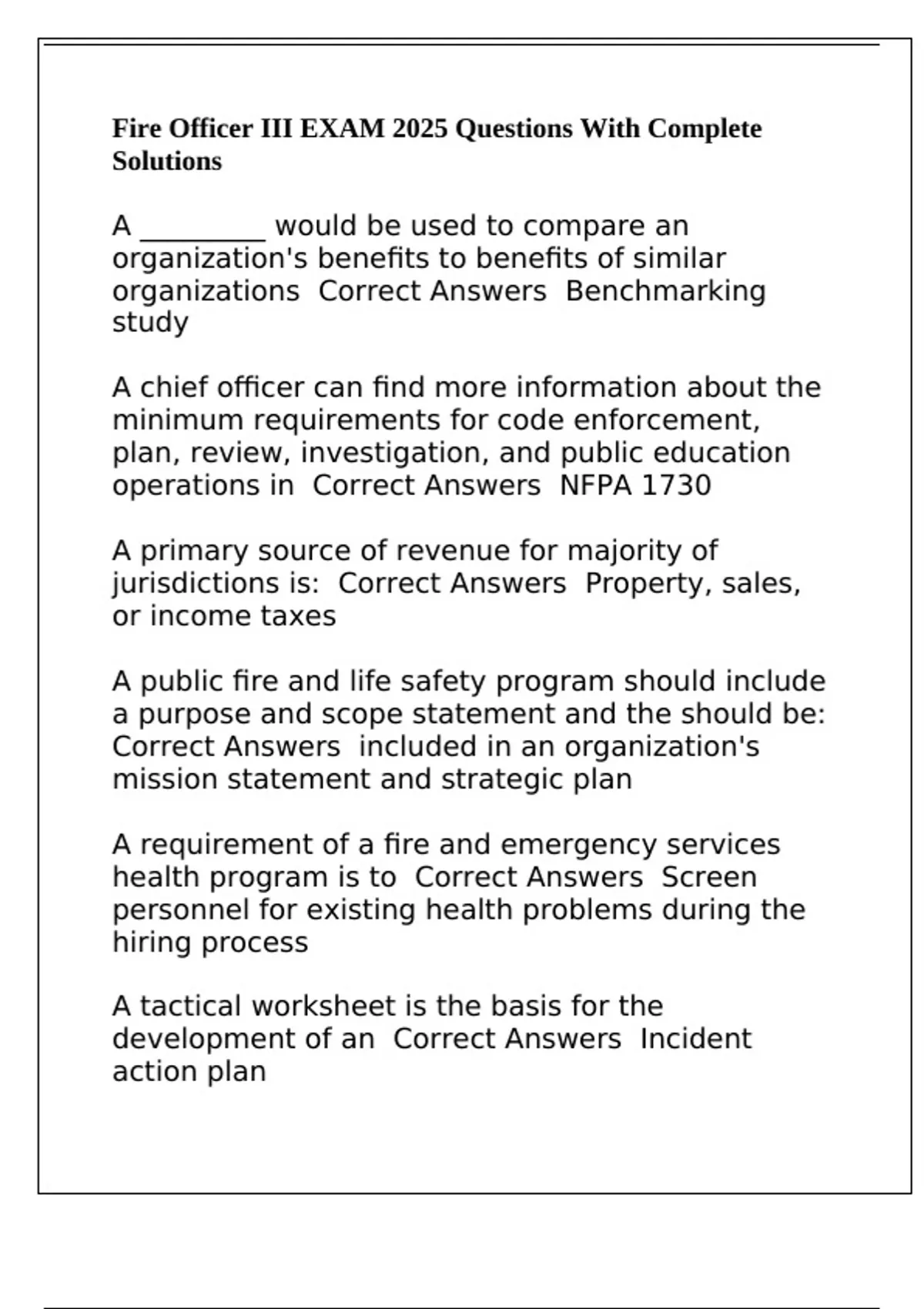 Fire Officer III EXAM 2025 Questions With Complete Solutions - Fire Officer - Stuvia US