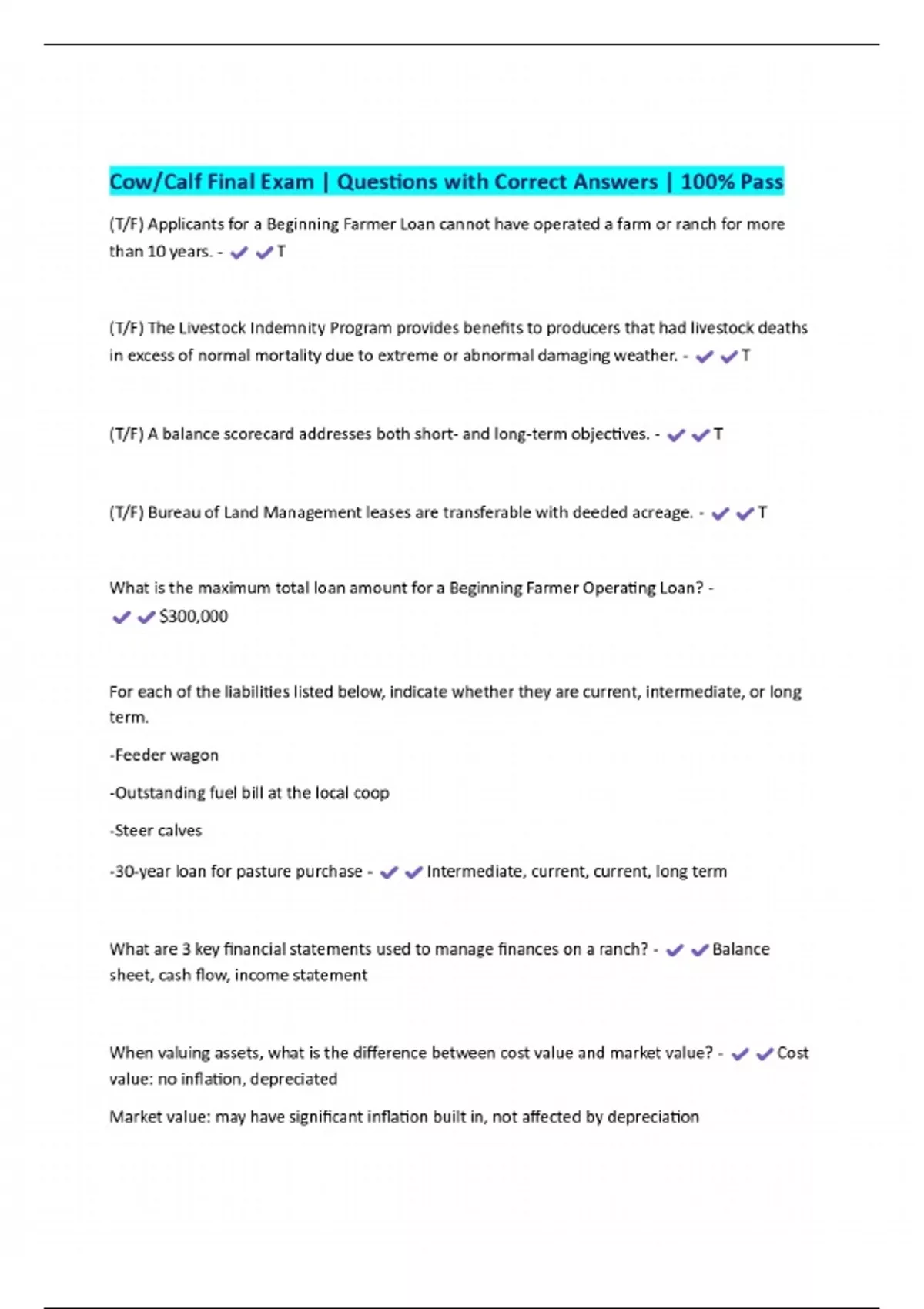 Cow/Calf Final Exam | Questions with Correct Answers | 100% Pass - Cow ...