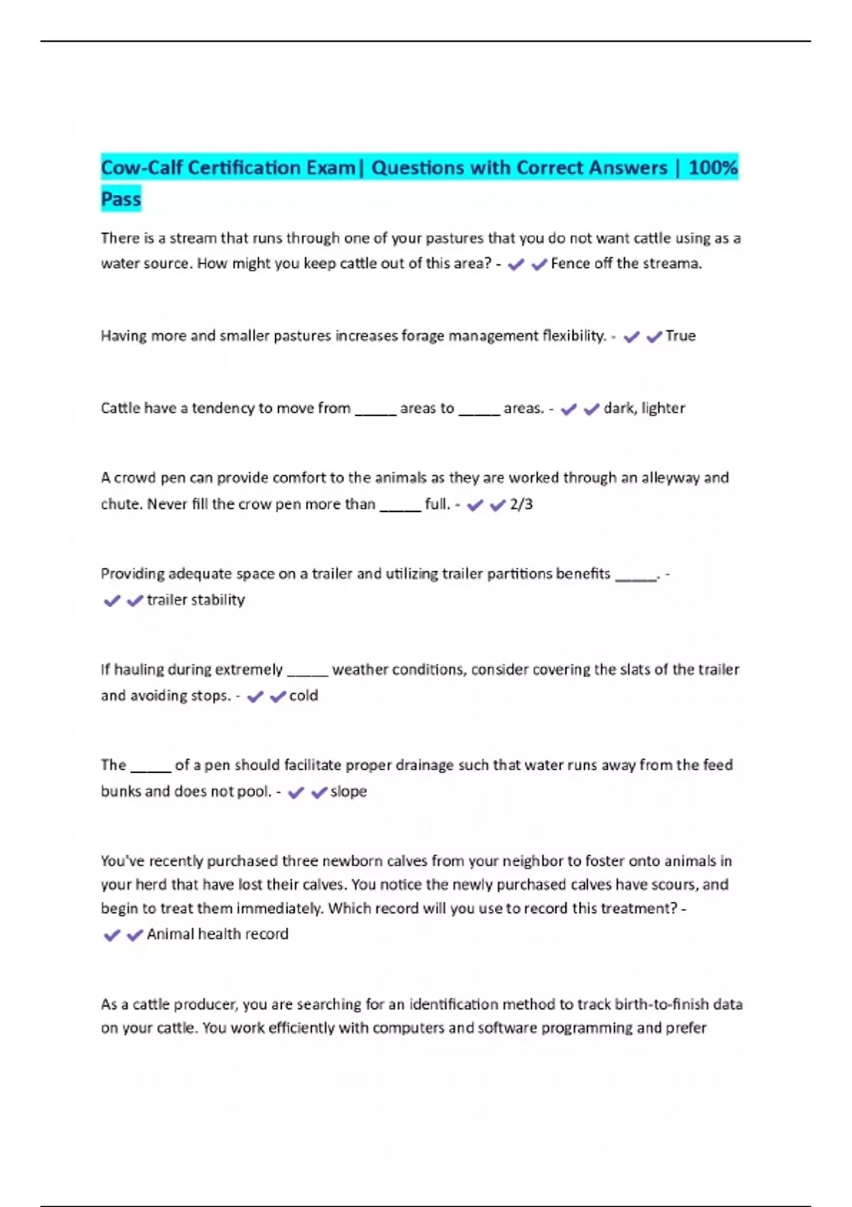 Cow-Calf Certification Exam| Questions with Correct Answers | 100% Pass ...