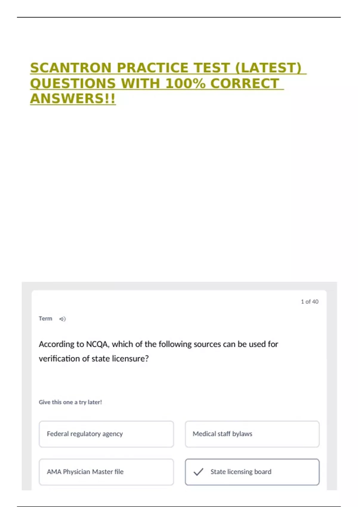 SCANTRON PRACTICE TEST (LATEST) QUESTIONS WITH 100% CORRECT ANSWERS ...