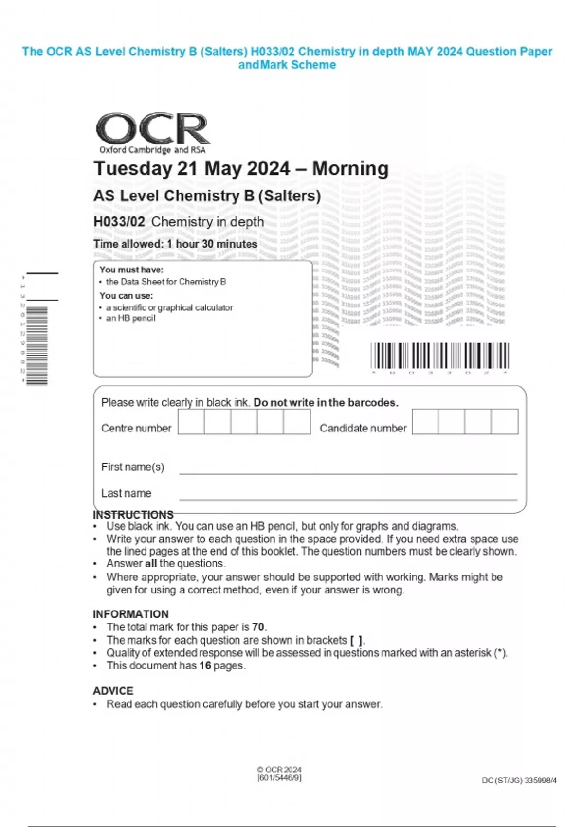The OCR AS Level Chemistry B (Salters) H033/02 Chemistry in depth MAY ...