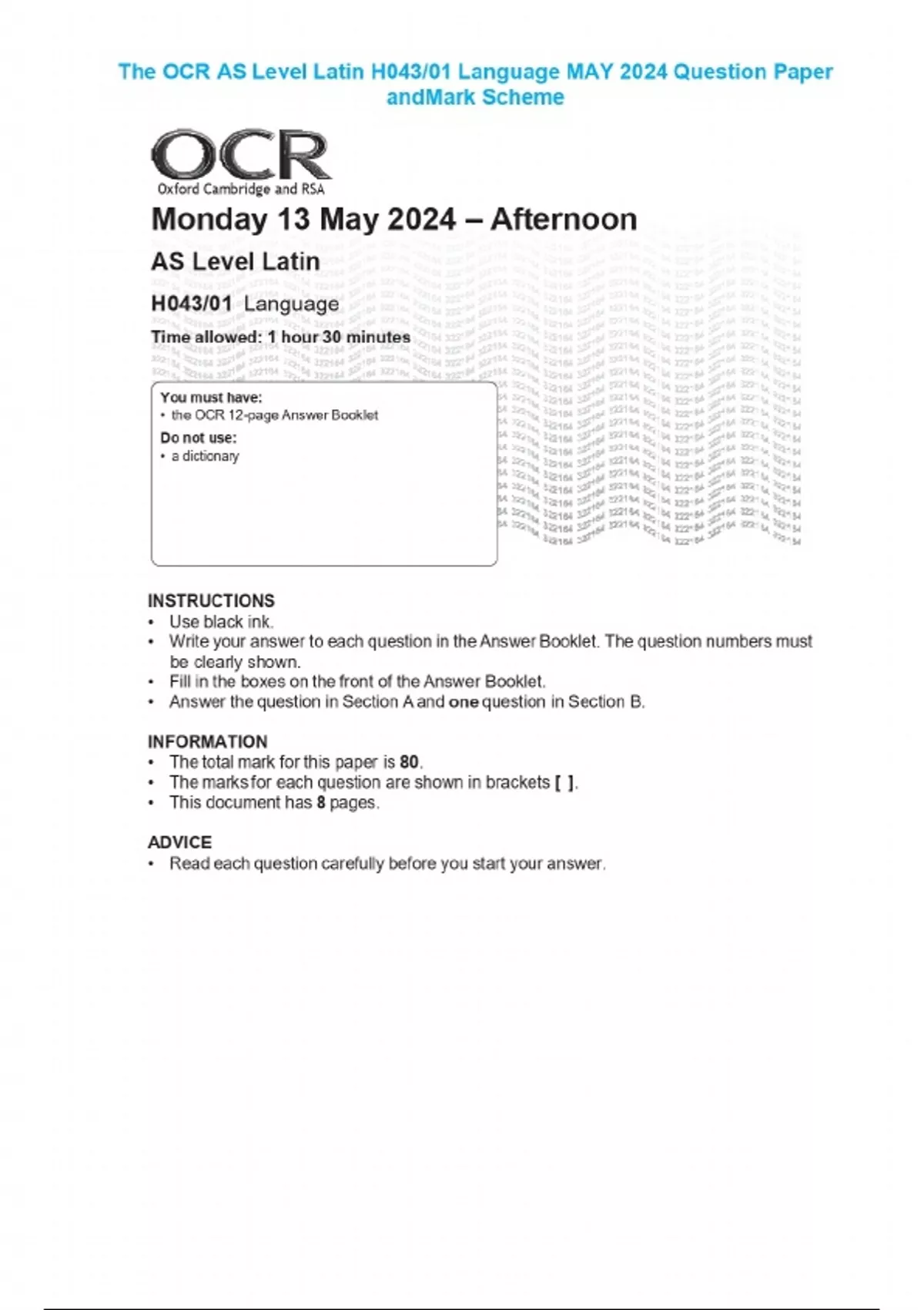 The OCR AS Level Latin H043/01 Language MAY 2024 Question Paper andMark ...