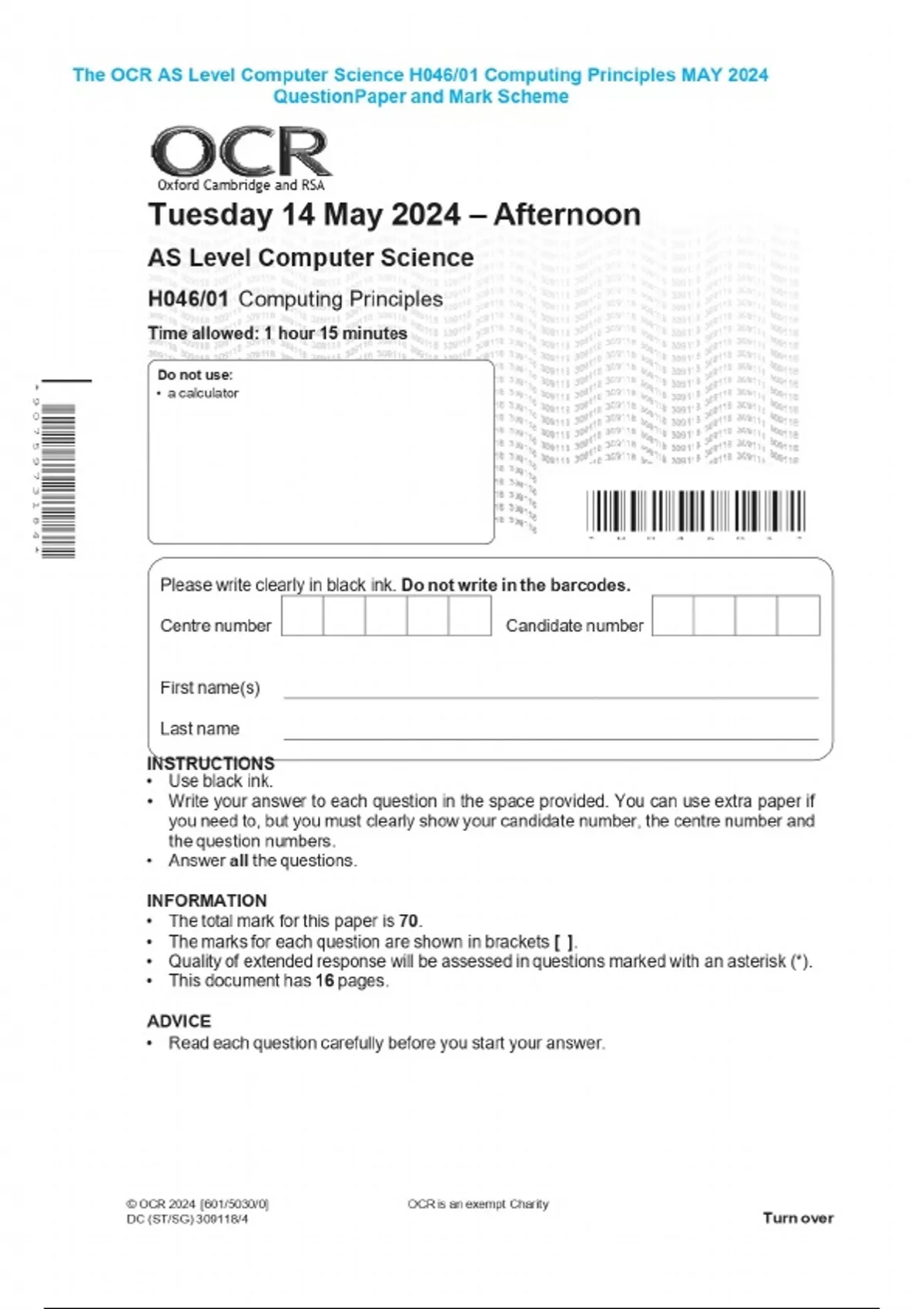 The OCR AS Level Computer Science H046/01 Computing Principles MAY 2024 QuestionPaper and Mark ...
