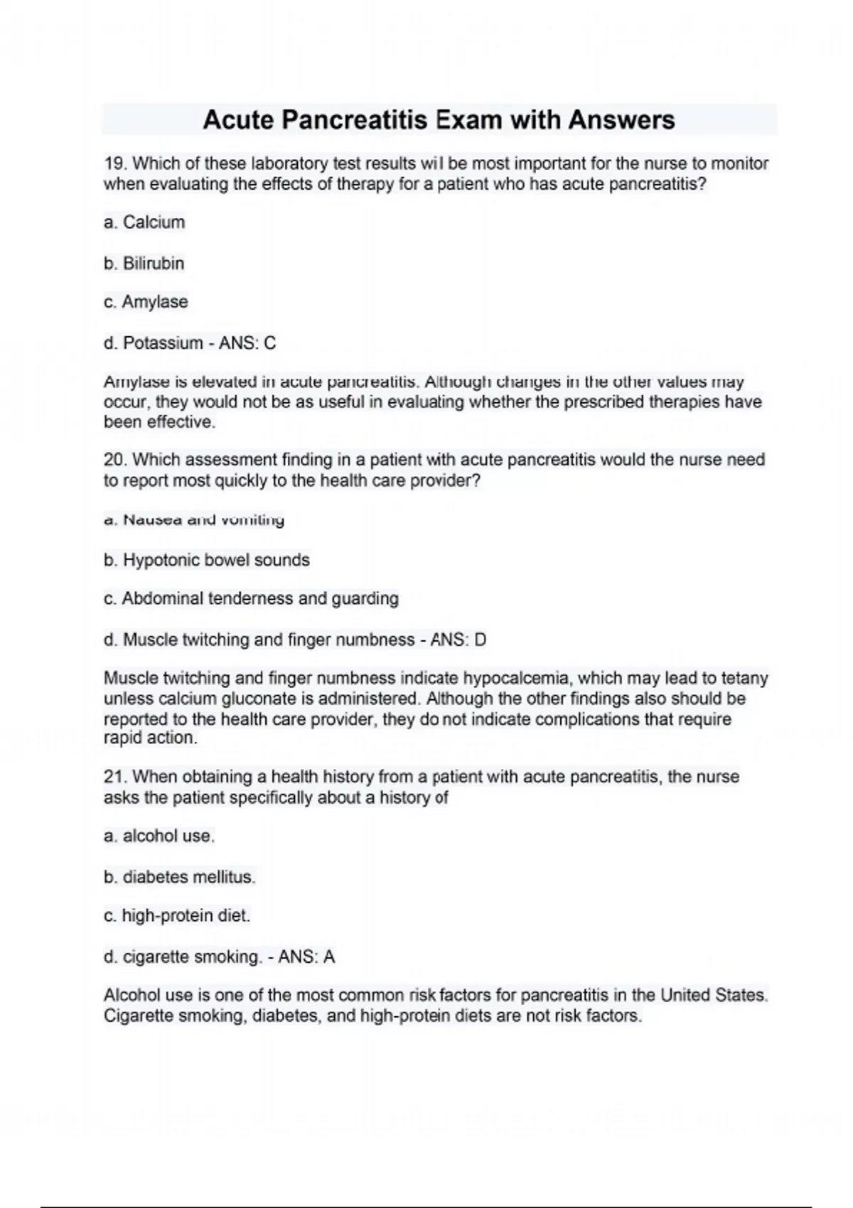 Acute Pancreatitis Exam with Answers - Acute Pancreatitis - Stuvia US