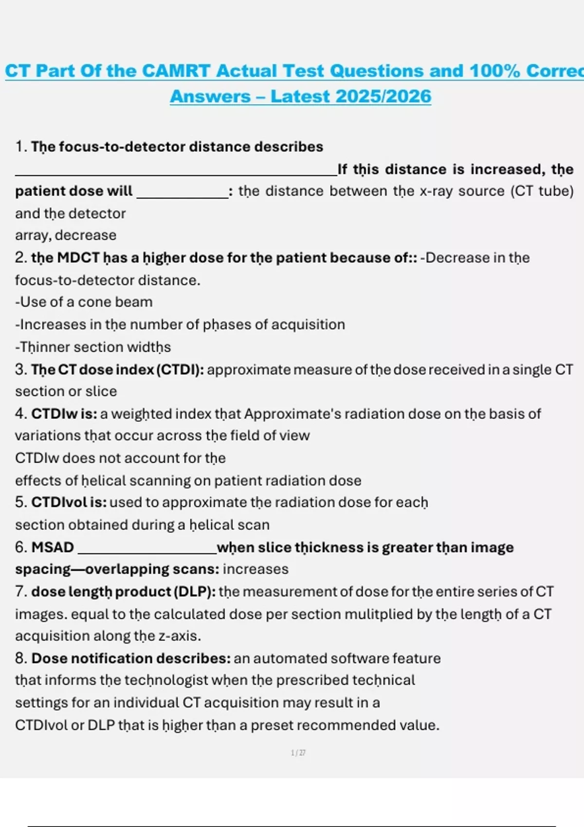 CAMRT CT Exam – Actual Test Questions and 100% Correct Answers (Latest ...