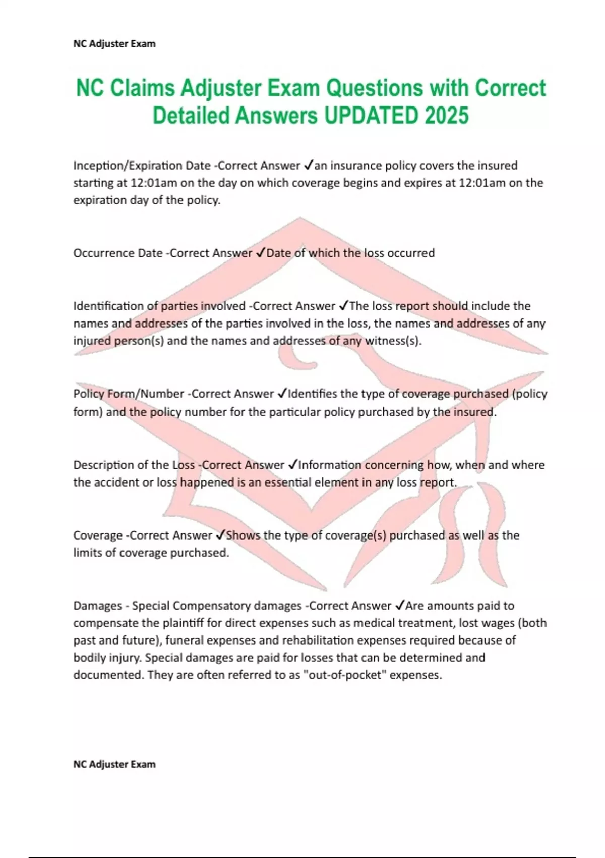 NC Claims Adjuster Exam Questions with Correct Detailed Answers UPDATED ...