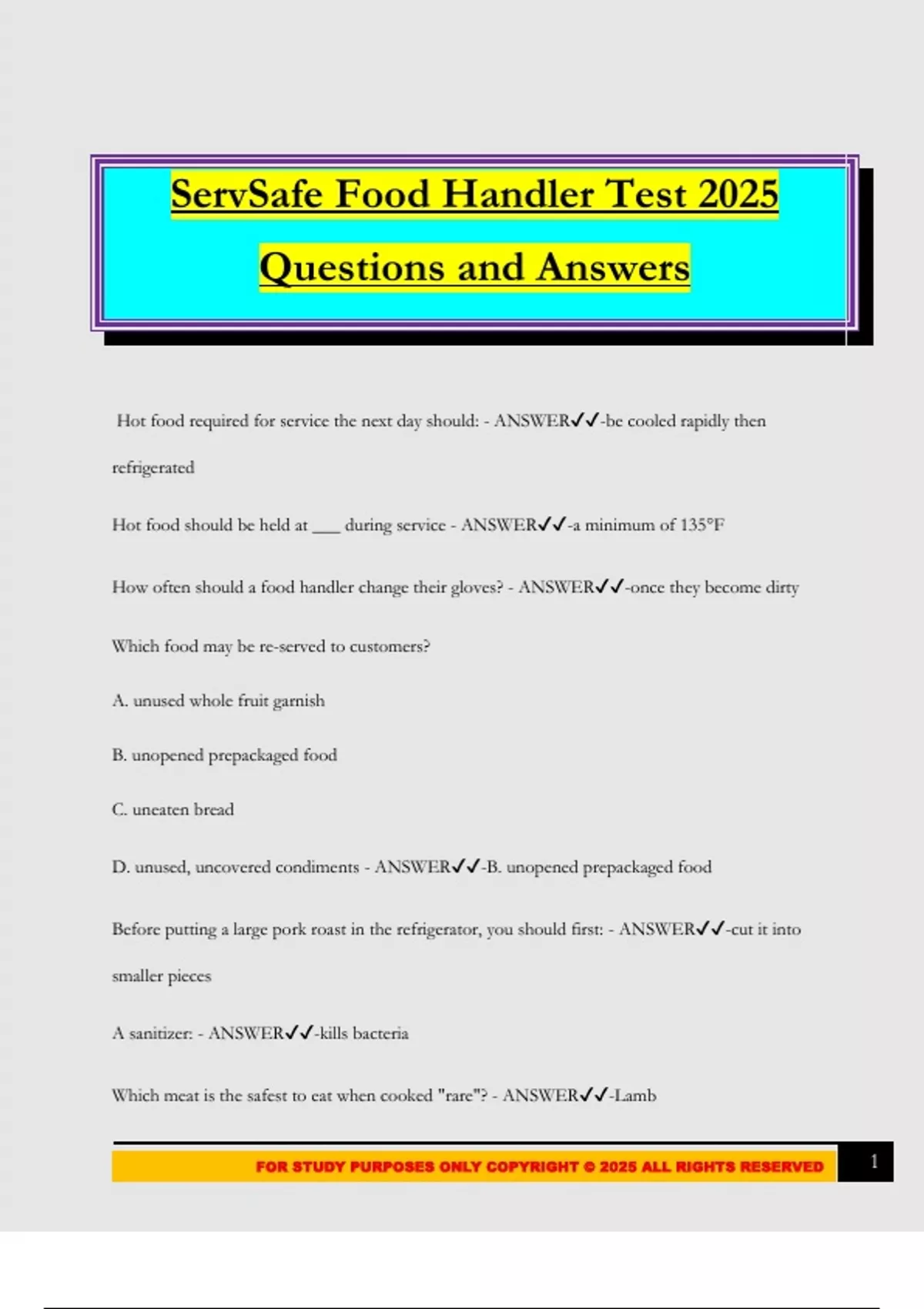 ServSafe Food Handler Test 2025 Questions and Answers - ServSafe ...