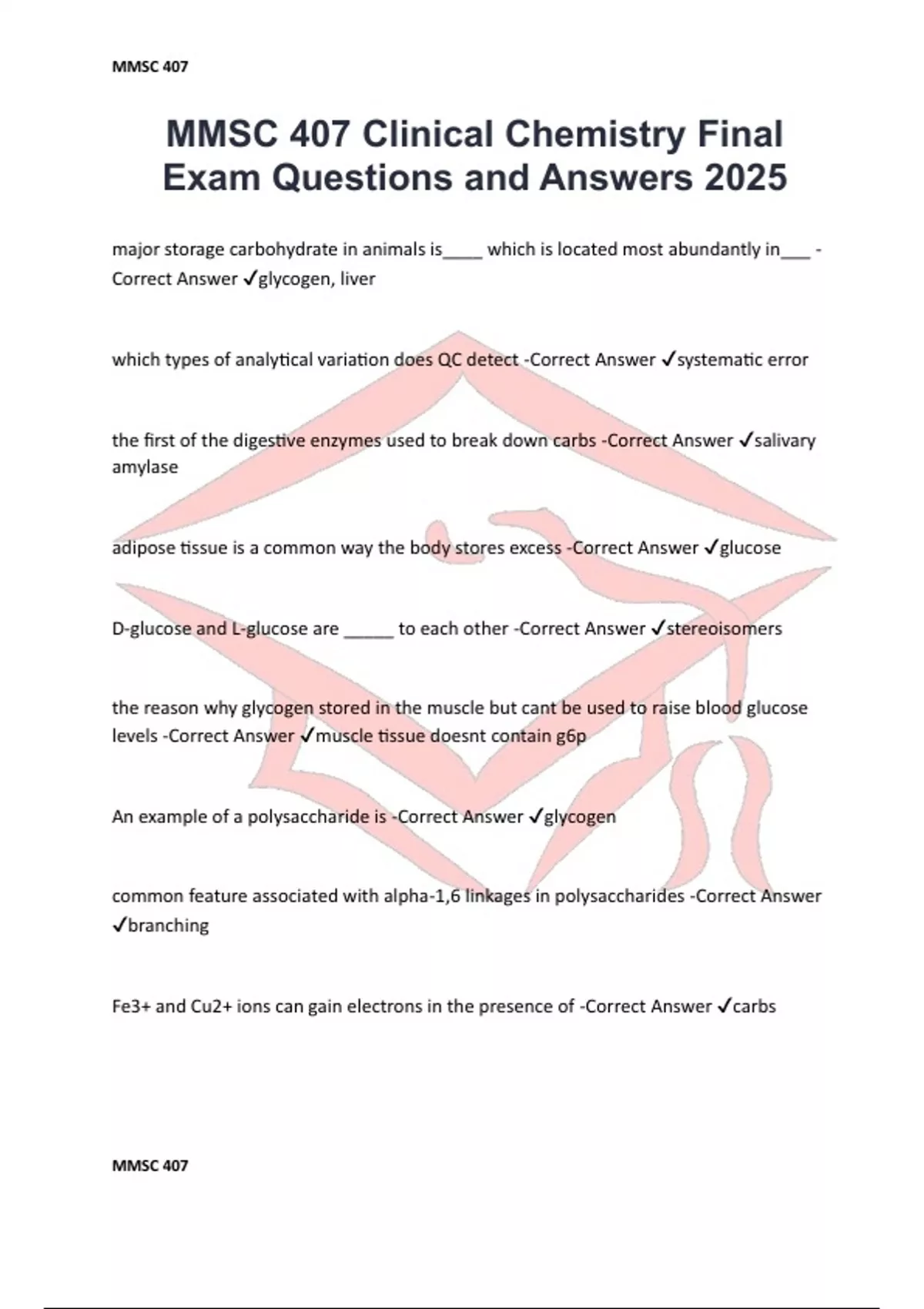 MMSC 407 Clinical Chemistry Final Exam Questions and Answers 2025 ...