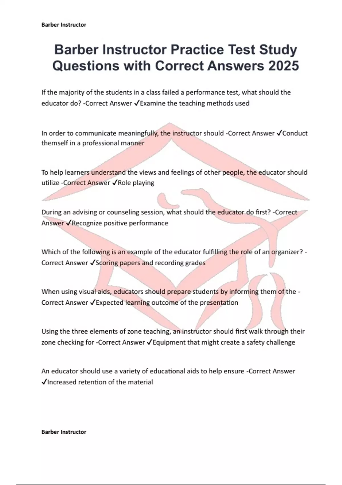 Barber Instructor Practice Test Study Questions with Correct Answers ...