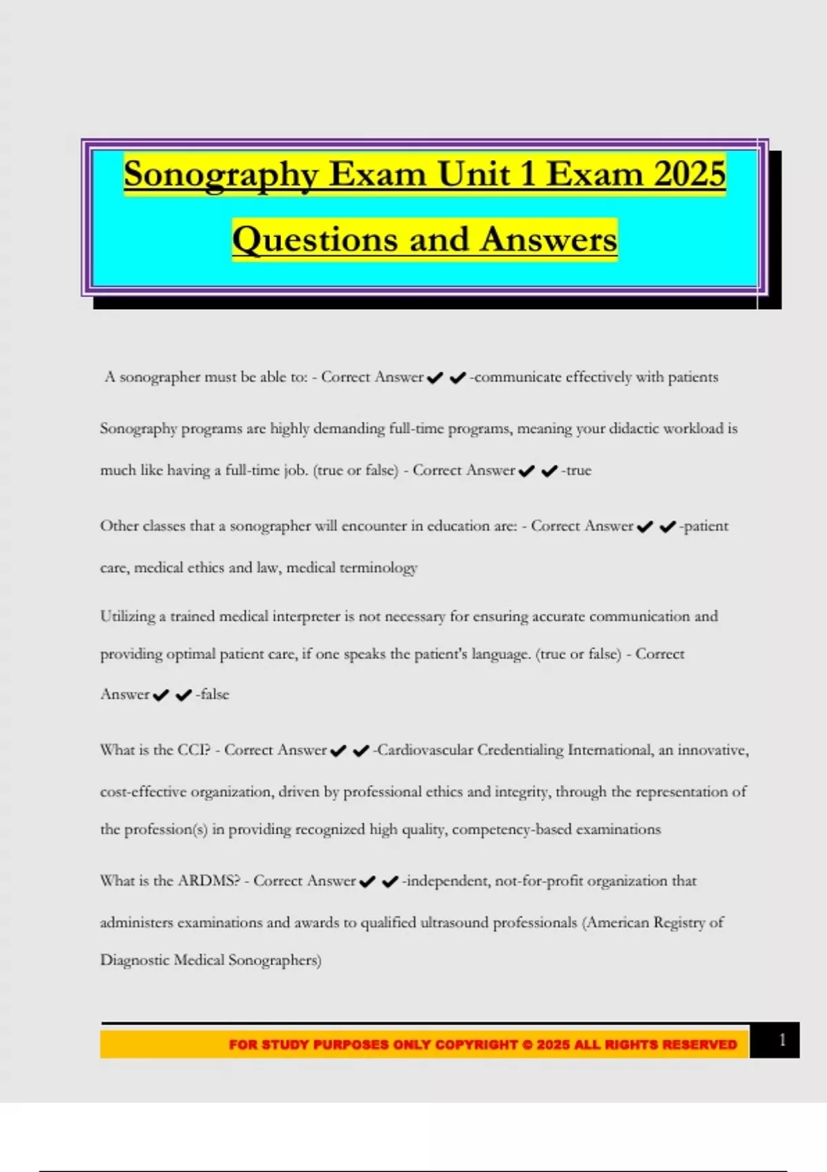 Sonography Exam Unit 1 Exam 2025 Questions and Answers - Sonography ...
