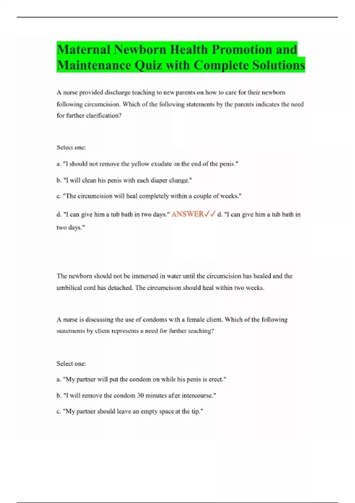 Maternal Newborn Health Promotion and Maintenance Quiz with Complete ...