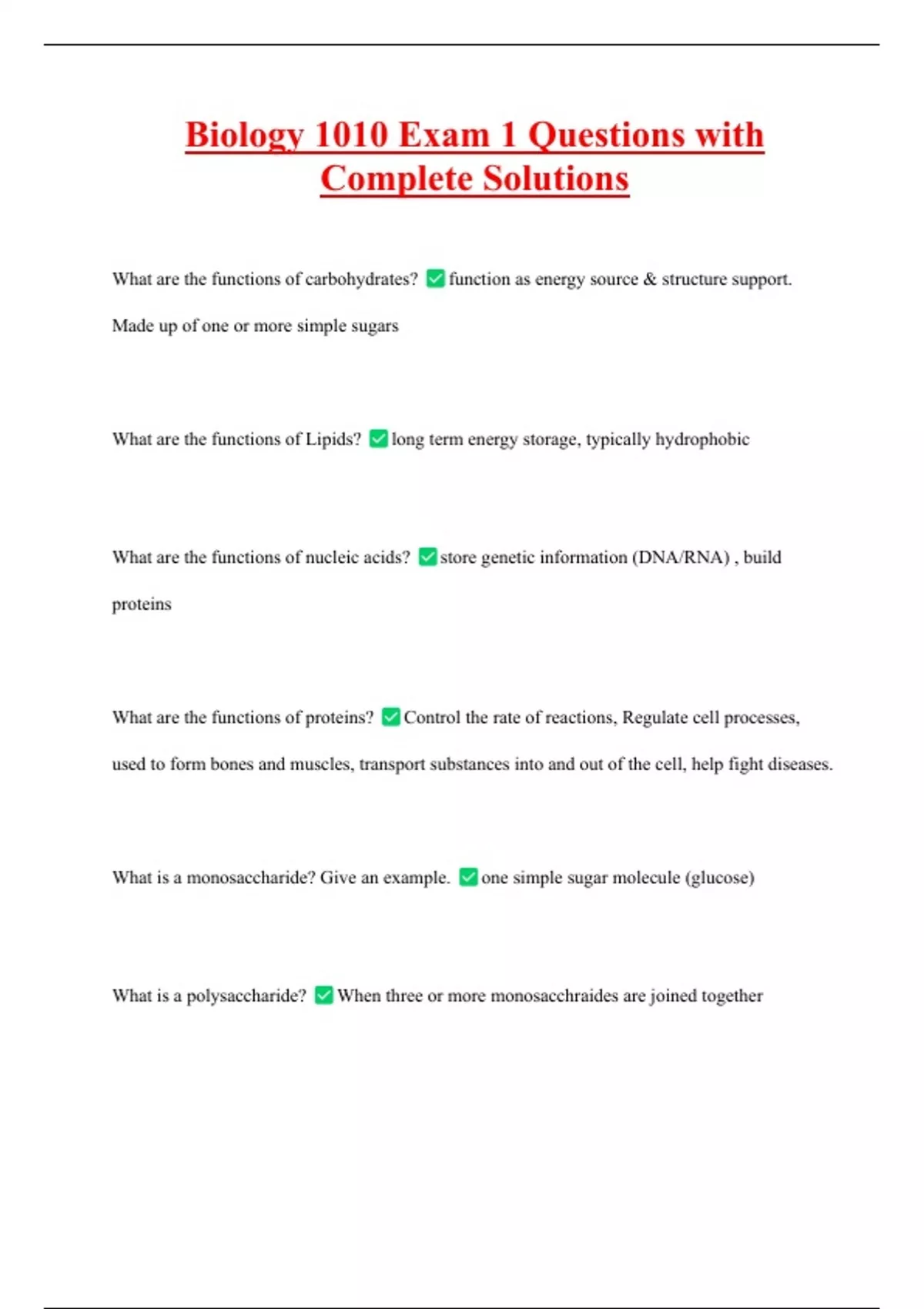 Biology 1010 Exam 1 Questions with Complete Solutions - Biology 1010 ...