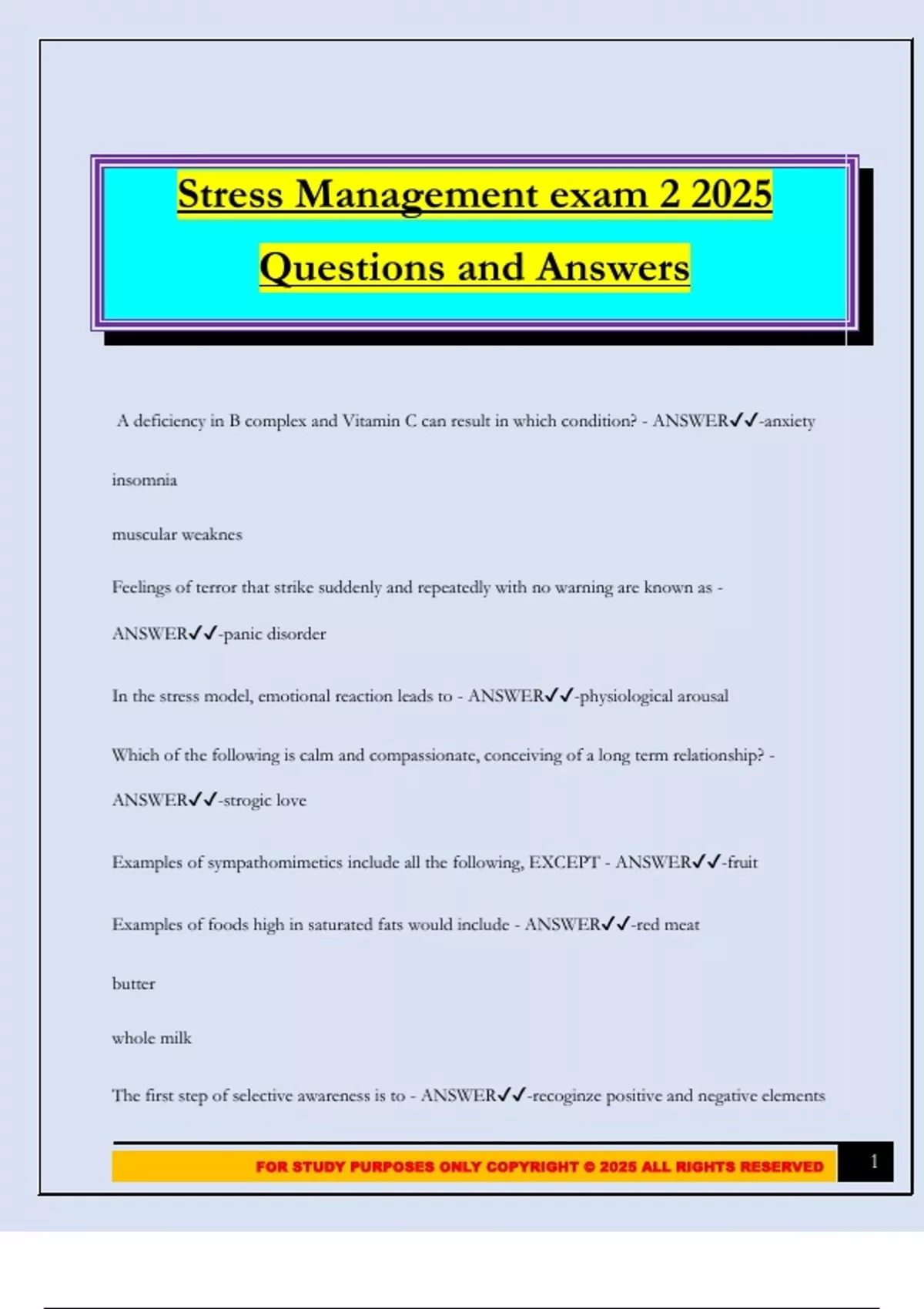 Stress Management exam 2 2025 Questions and Answers - Stress Management ...
