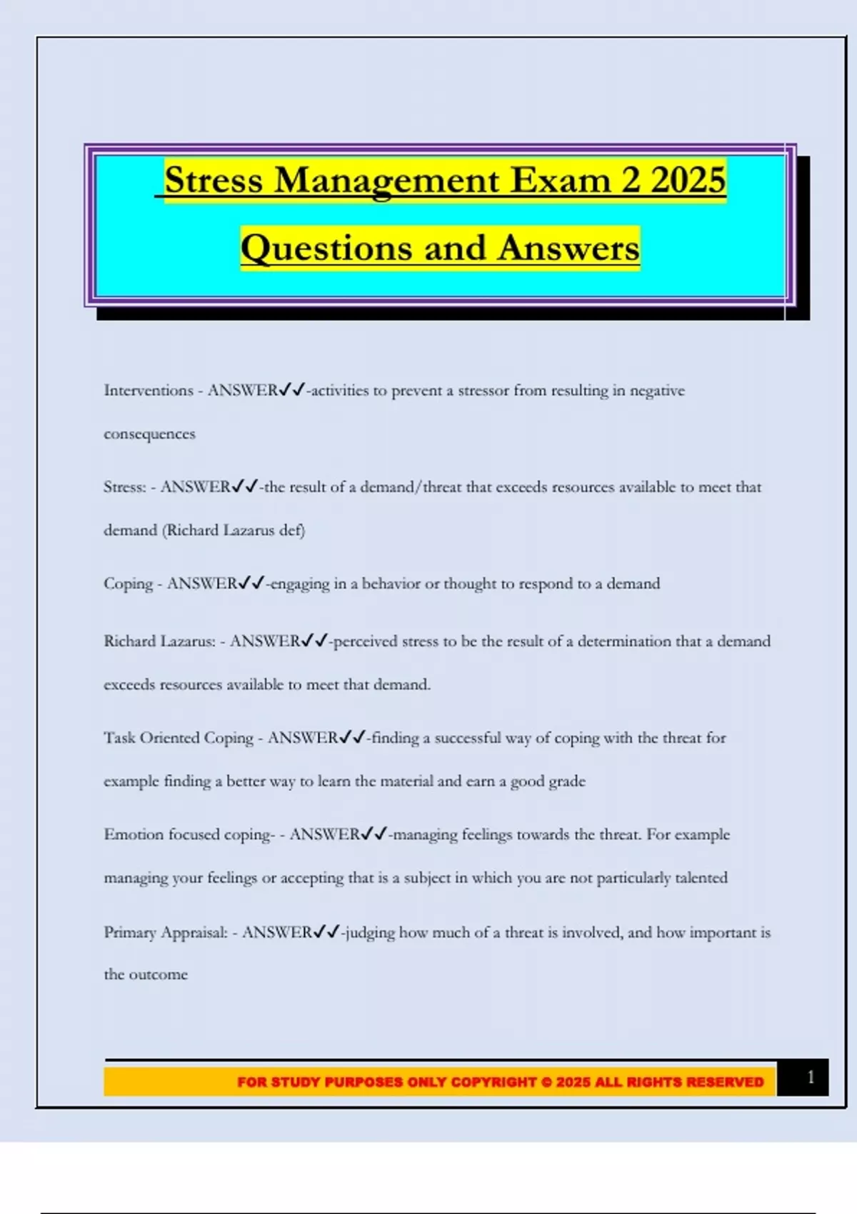 Stress Management Exam 2 2025 Questions and Answers - Stress Management ...