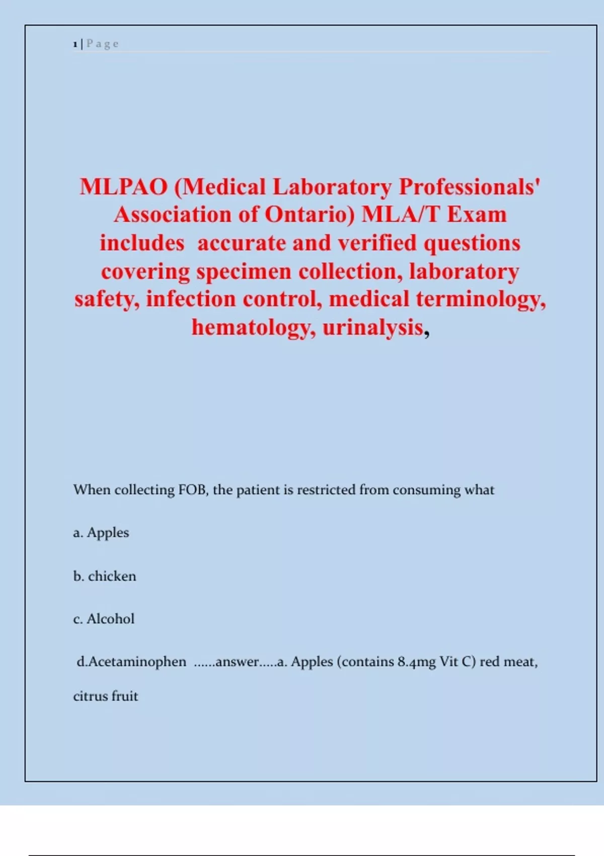 MLPAO (Medical Laboratory Professionals' Association of Ontario) MLA/T ...