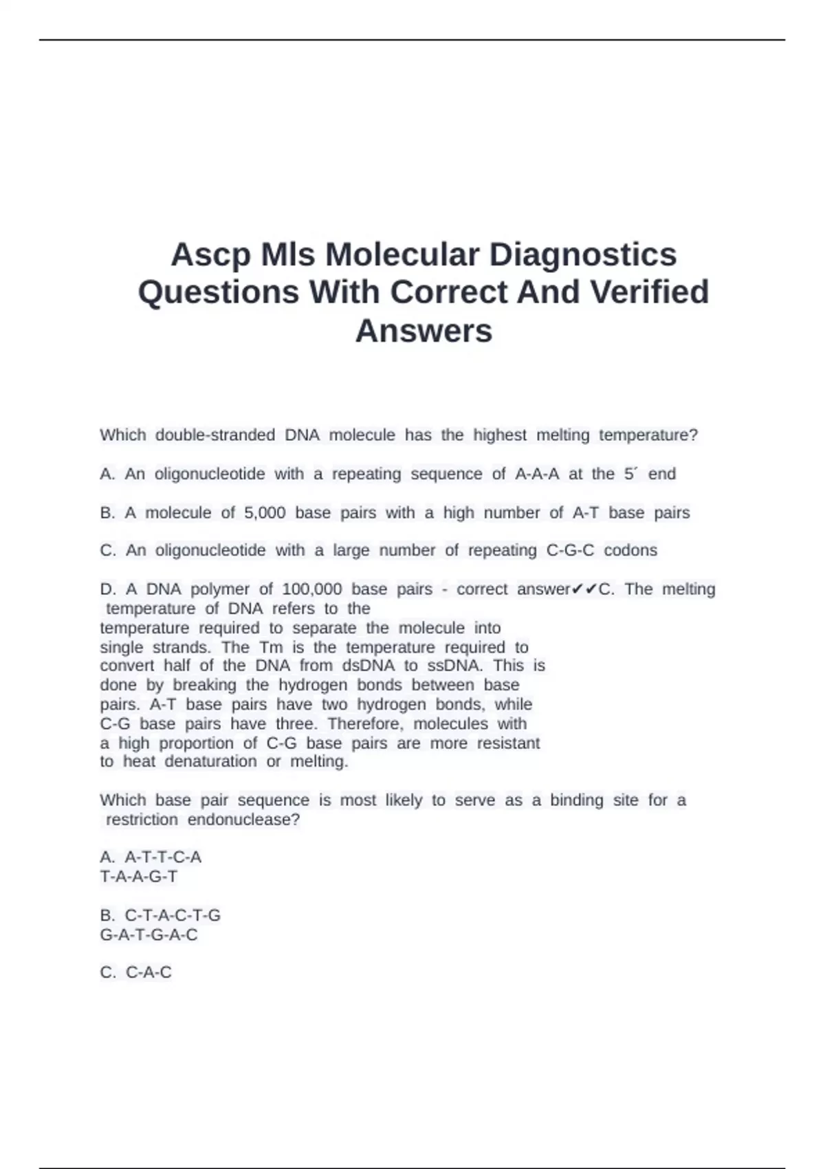 Ascp Mls Molecular Diagnostics Questions With Correct And Verified ...