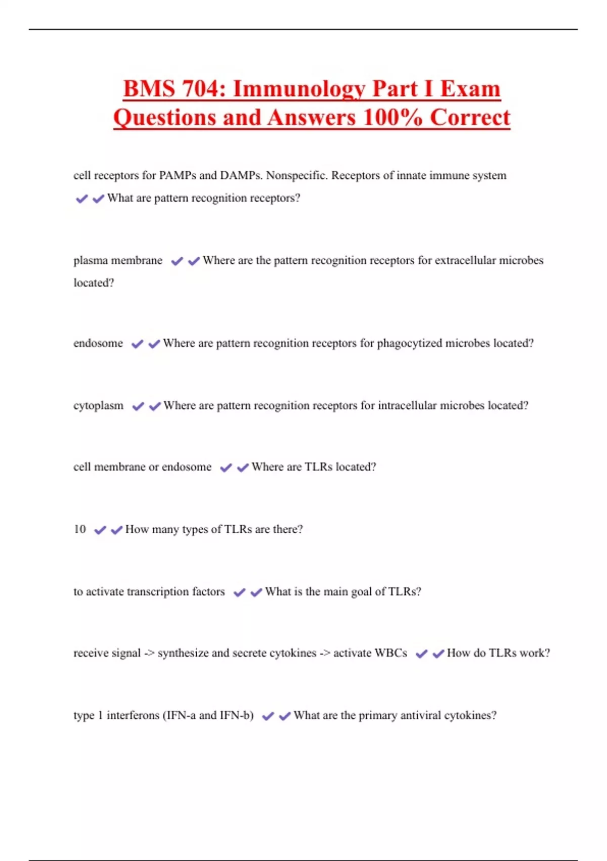 BMS 704: Immunology Part I Exam Questions and Answers 100% Correct - BMS 704.... - Stuvia US